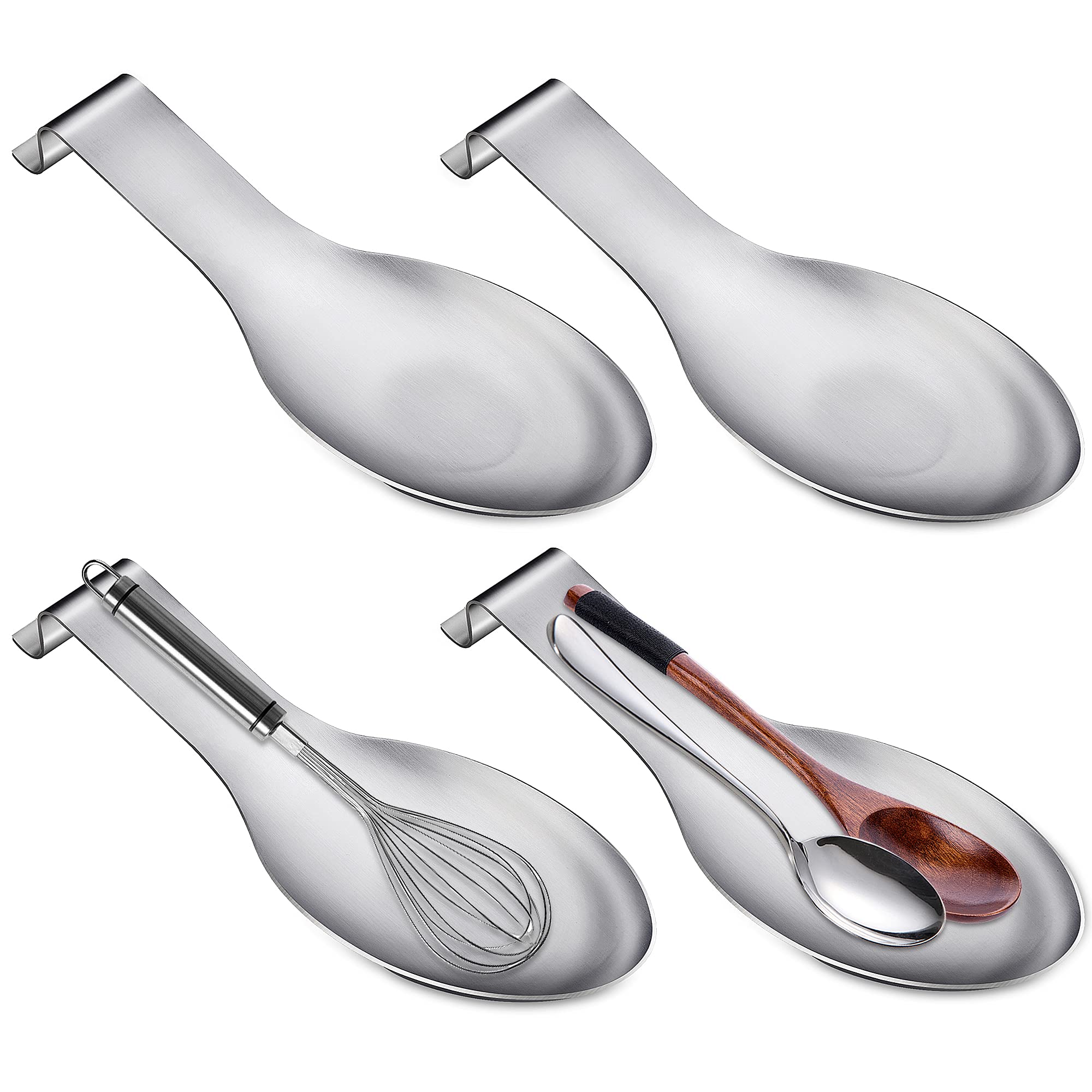 Supkiir Spoon Rest, 4 Pack Spoon Spatula Rest Stainless Steel for Kitchen Restaurant Home Use, Dishwasher Safe