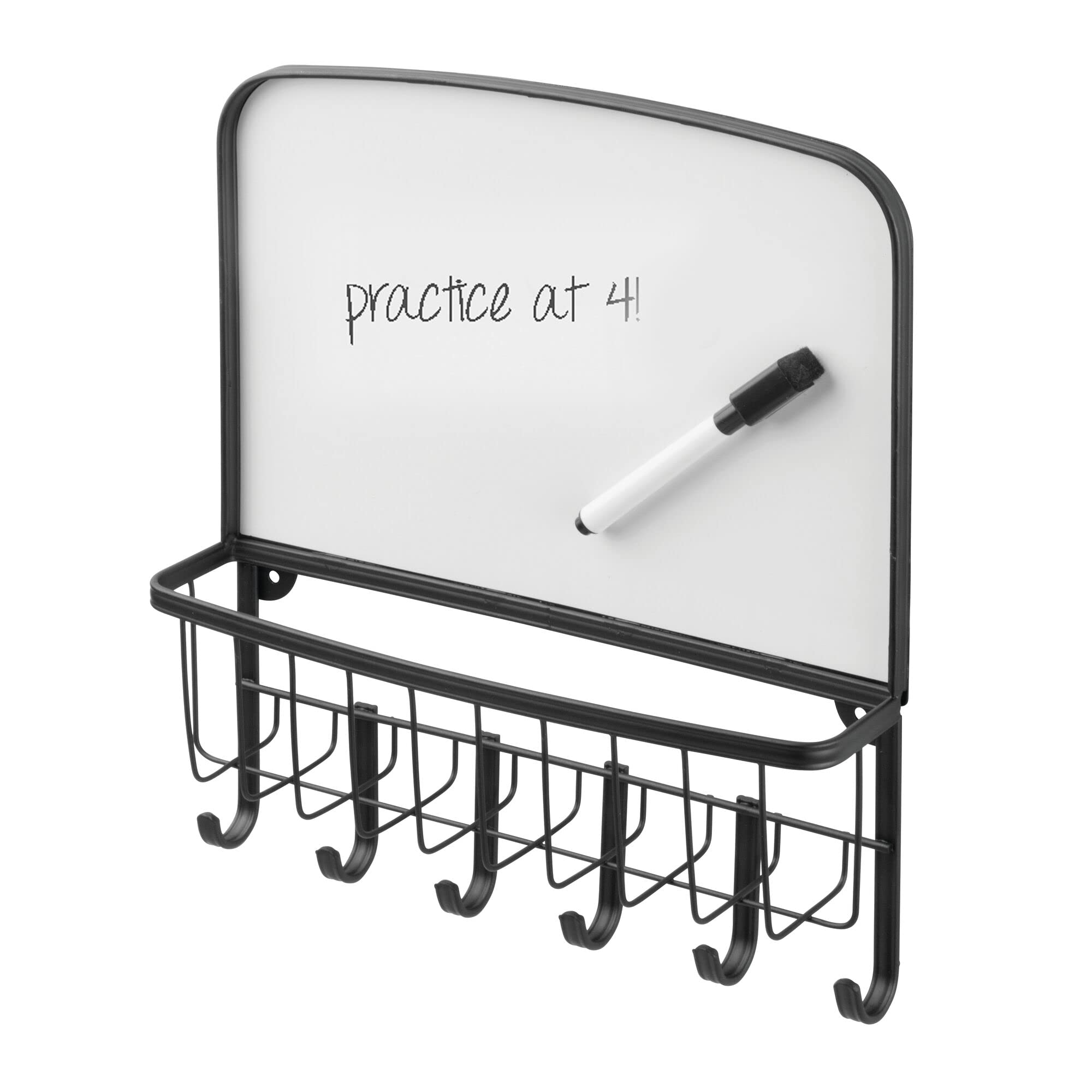 mDesign Metal Wall Mount Entryway Storage Organizer Mail Basket with Dry Erase Board, 6 Hooks - Holder for Letters, Magazines, Keys, Coats, Leashes - Strong Steel Wire Design - Matte Black