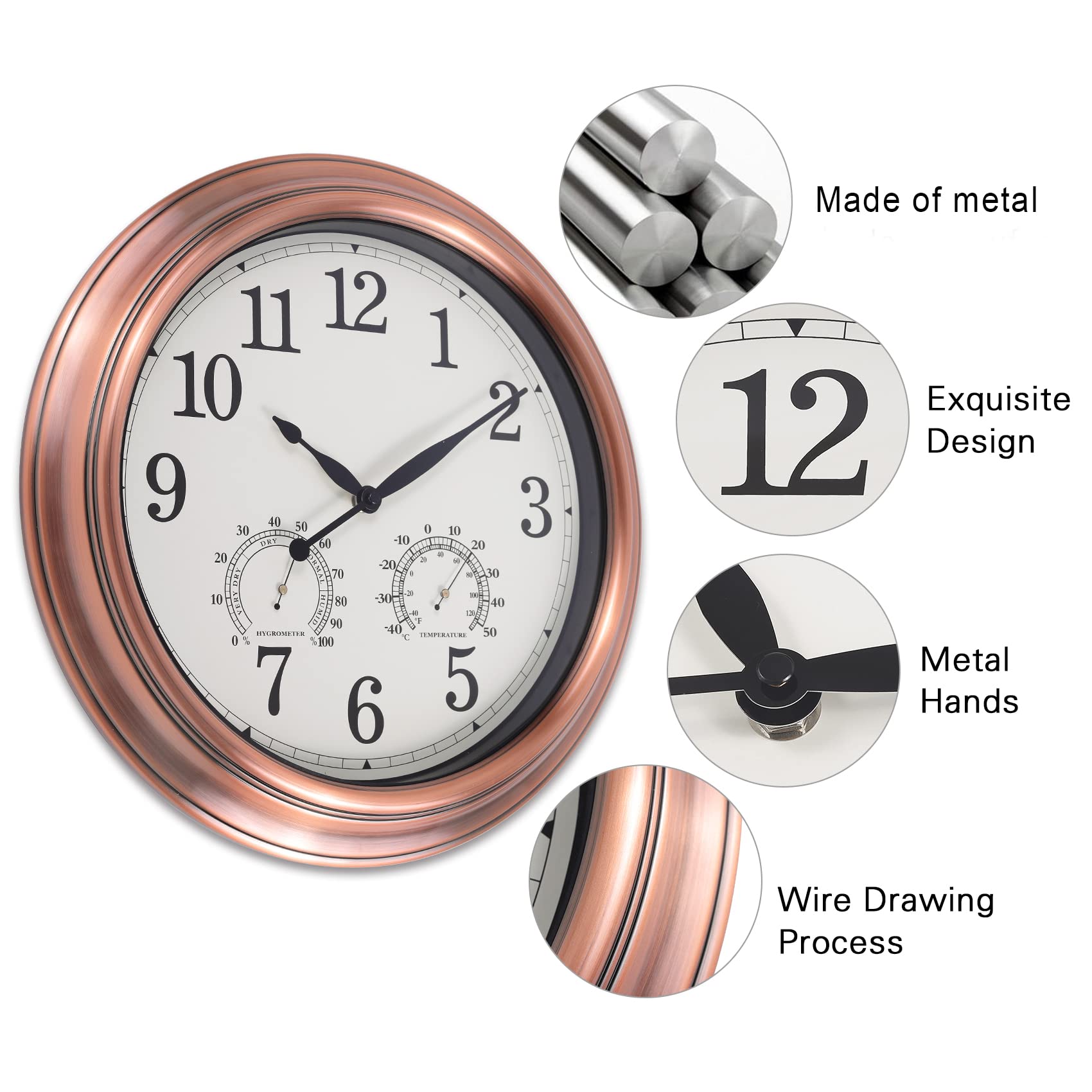 Vigorwise 16 inch Outdoor Wall Clock, Metal Waterproof Wall Clock with Temperature & Humidity, Large Non-Ticking Wall Clocks, Silent Wall Clock for Patio Garden Bathroom