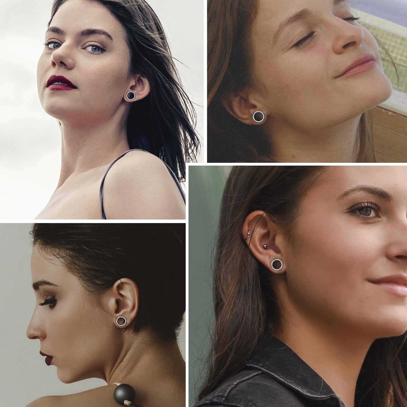 Longbeauty 4Pcs Black and Silver Stainless Steel with Zircon Stretcher Plugs Tunnels 0g