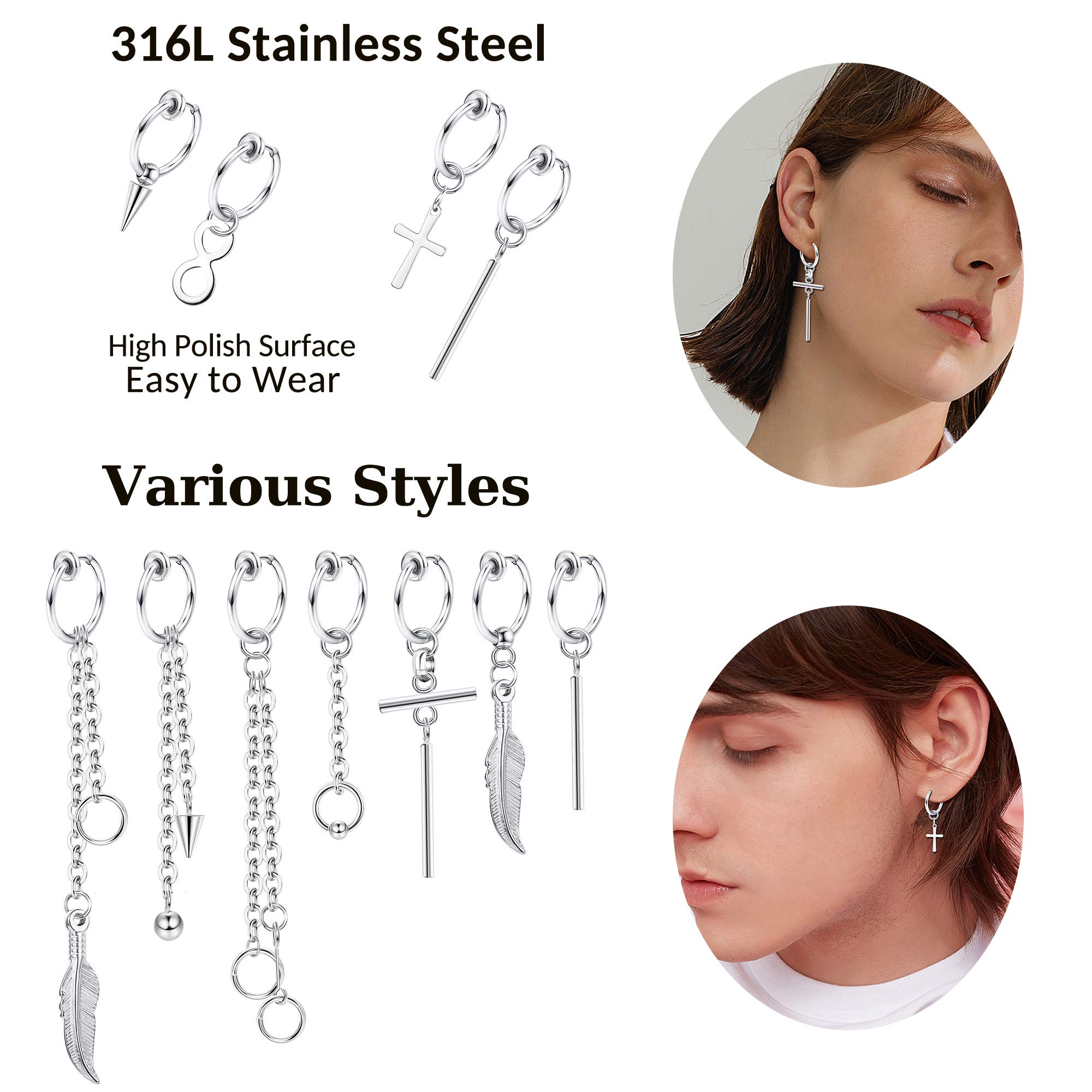 Magitaco 10 Pieces Hoop Dangle Earrings for Men Women Clip On Earrings Non Piercing Stainless Steel Dangle Hinged Hoop Earrings Long Chain Pendant Earrings Silver Kpop Earrings