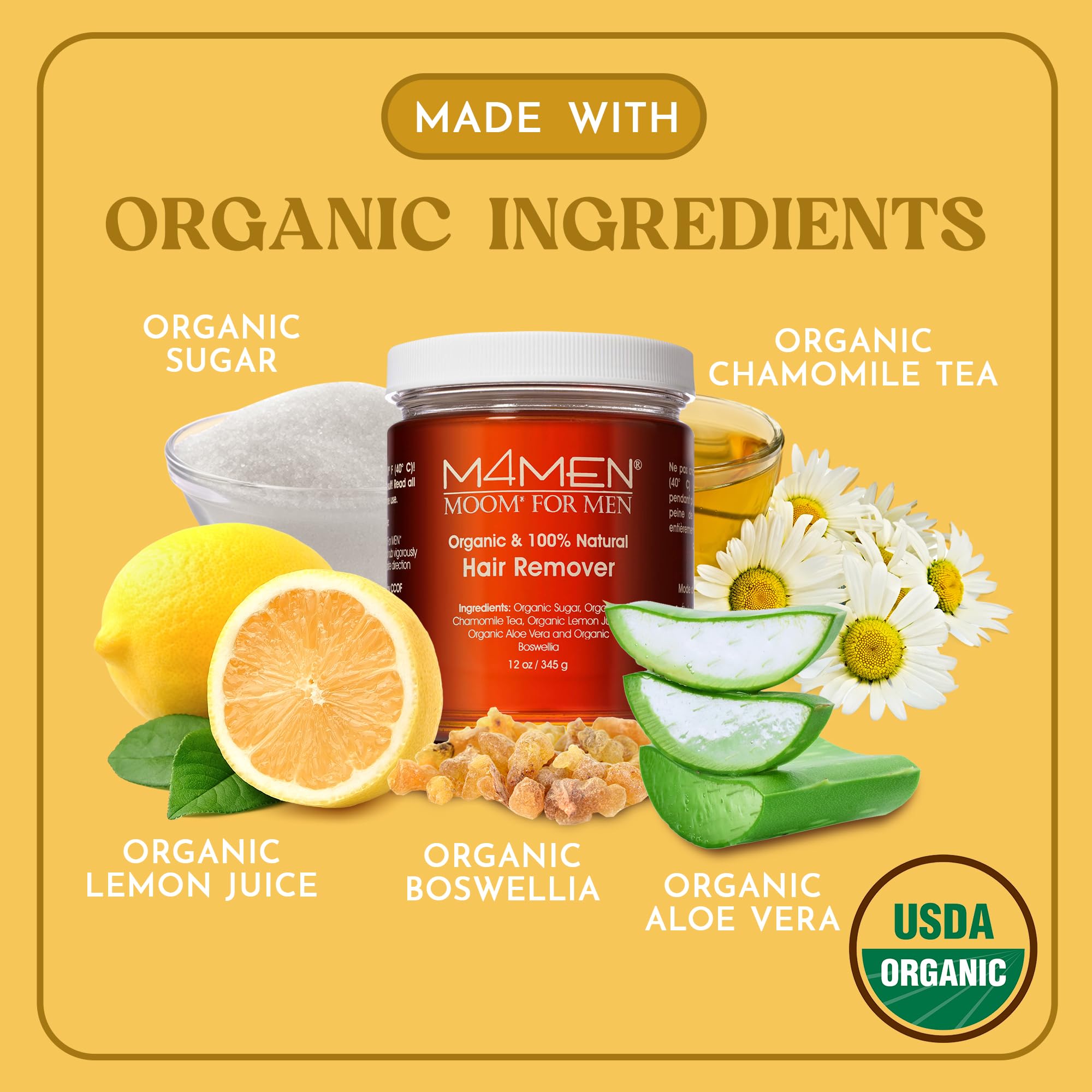 MOOM Organic Hair Removal Sugar Wax for Men with Aloe Vera & Chamomile – Soft Wax for Sensitive Skin & Men Hair - Perfect for Back, Chest, Eyebrow & Body - 12 oz Jar (Waxing Strips NOT Included)
