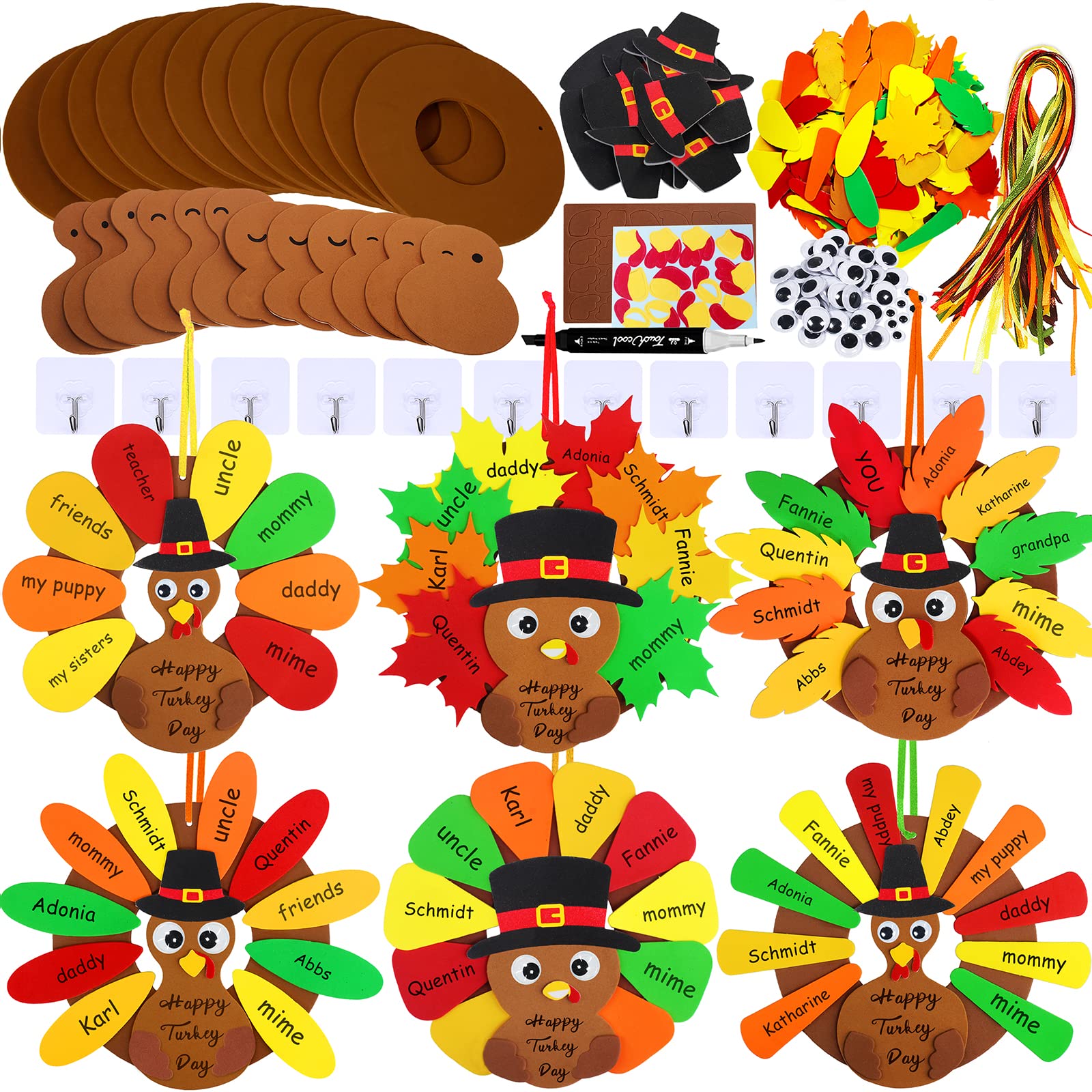 Winlyn 12 Sets Thanksgiving Wreath Signs Decorations Art Sets DIY Thanksgiving Craft Kits Give Thanks Turkey Fall Maple Leaf Foam Stickers Googly Eyes for Kids Party School Home Classroom Activities