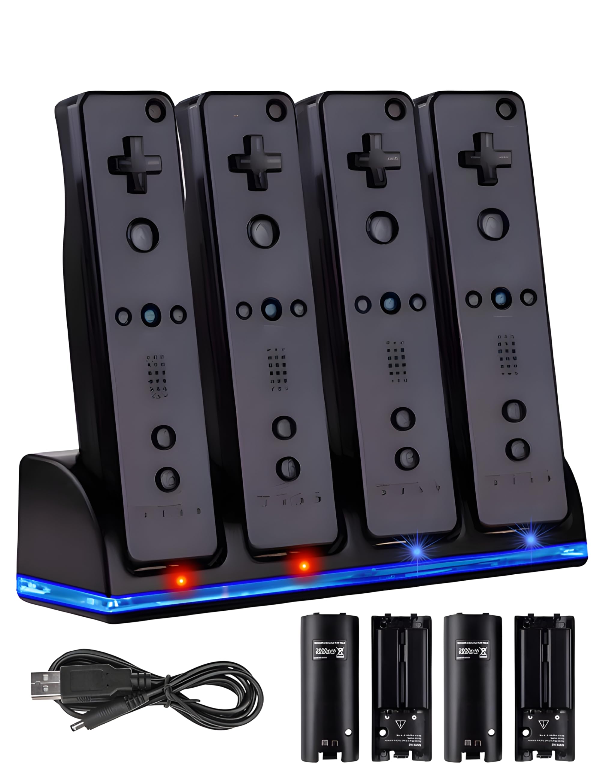 Tuboopy Wii Remote Charging Station for Nintendo Wii U 4-in-1 Controller Charger Cord Controller Charger Dock Box for WII U Remote Black (4 Pcs Batteries+USB Cable+Charger Station)