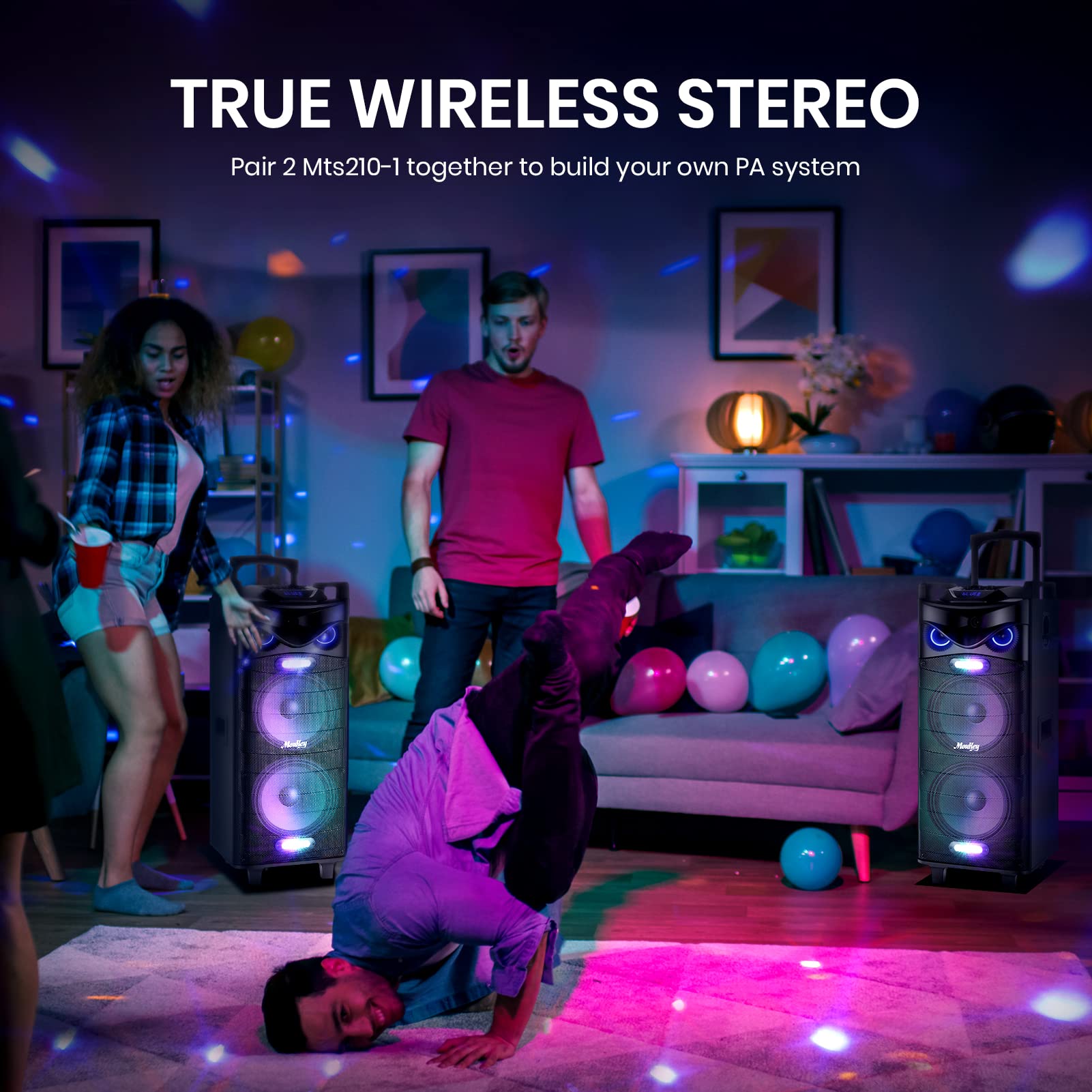 Moukey Karaoke Machine, PA System Double Woofer for Party, Portable Bluetooth Speaker w/ 2 Wireless Microphone, Disco Lights and Echo/Treble/Bass Adjustment, Support TWS/REC/AUX/MP3/USB/TF/FM