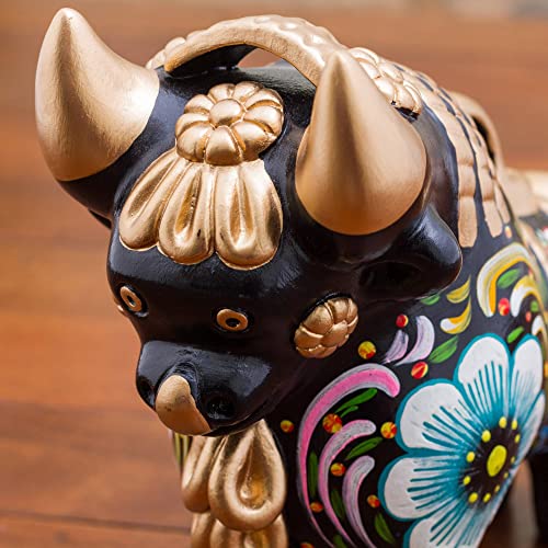 NOVICA Black Metallic Animal Themed Ceramic Sculpture, Big Colorful Pucara Bull'
