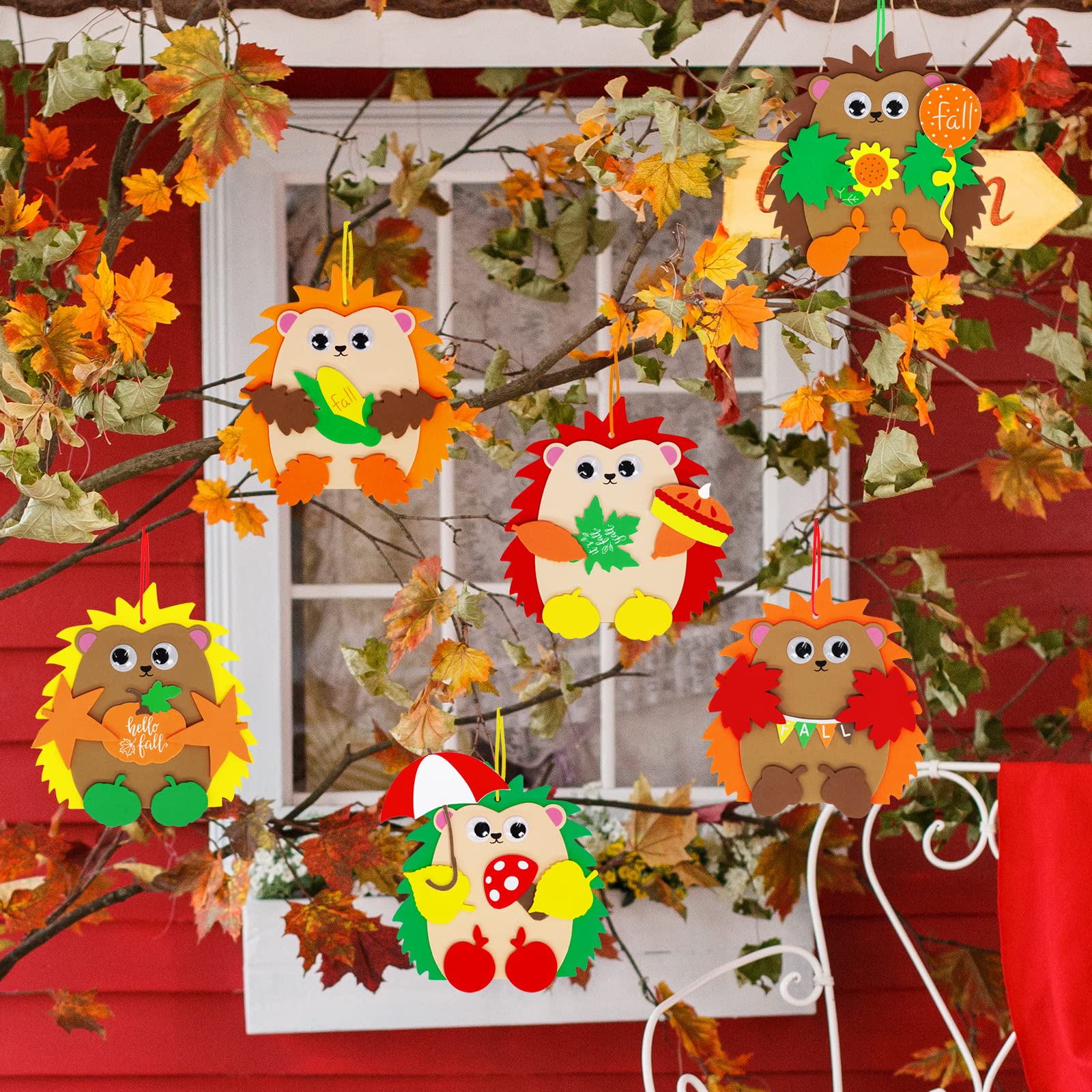 Winlyn 24 Sets Fall Crafts Kits DIY Fall Hedgehog Ornaments Decorations Art Sets Autumn Leaf Pumpkin Foam Stickers Arts and Crafts Googly Eyes for Kids Thanksgiving Halloween Home Classroom Activities