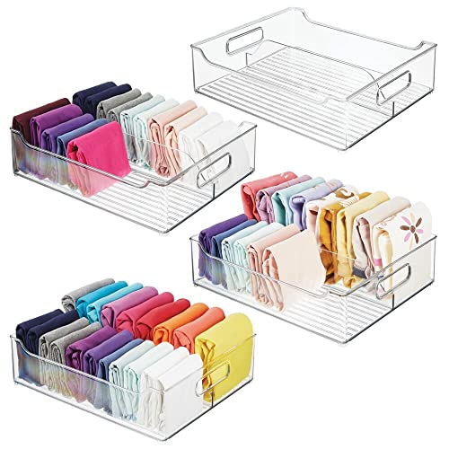 mDesign Plastic Closet Storage Bin with Handles - Divided Organizer for Shirts, Scarves, - BPA Free, 14.5" Long, 4 Pack - Clear