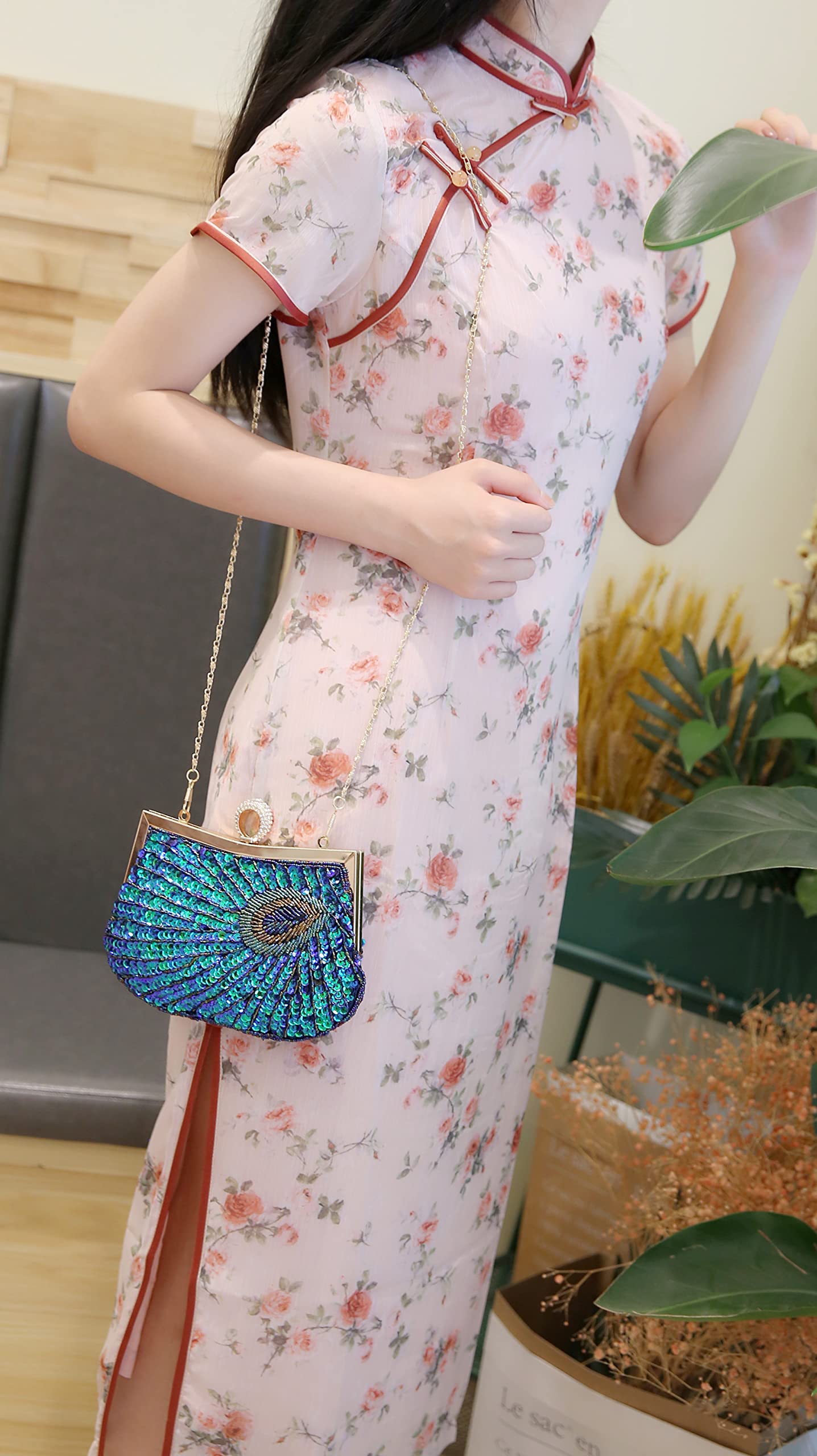 Peacock Evening Bag Sequins Beaded Clutch Purse with Ring Lock Closure for Wedding Party Peacock Blue
