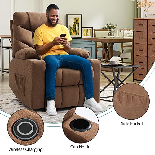 YITAHOME Recliner Chair with Wireless Charging, Electric Power Recliner Chair with Massage for Elderly, Fabric Reclining Loveseat with USB Ports, Side Pocket, Remote Control,Brown
