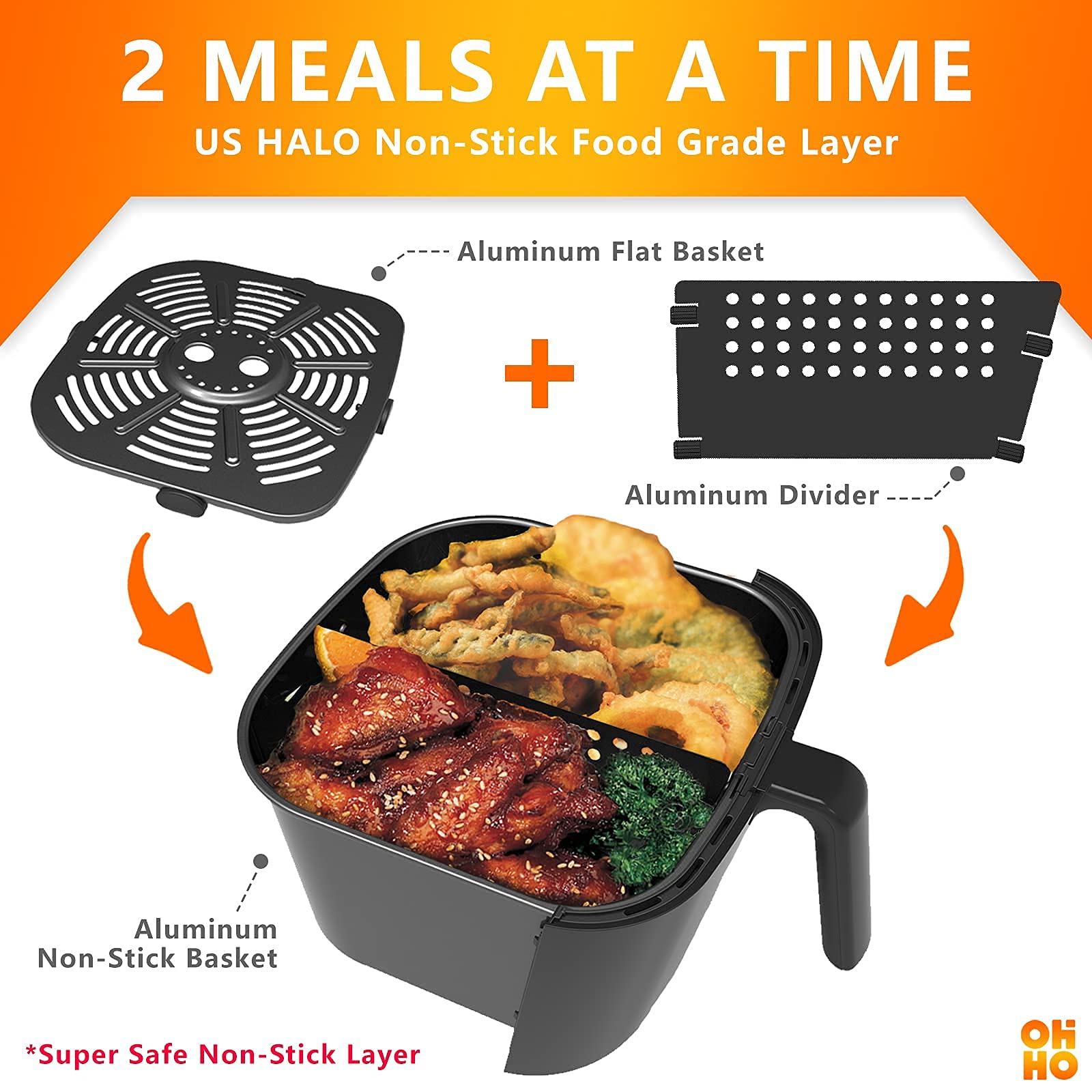 OHHO Air Fryer, 8QT Digital LED Touchscreen, 8 Preset Functions for Fry, Temperature Control, Auto Shut Off - Non-stick Flat Basket & Tray, 200+ Digital Recipe (Digital Black)