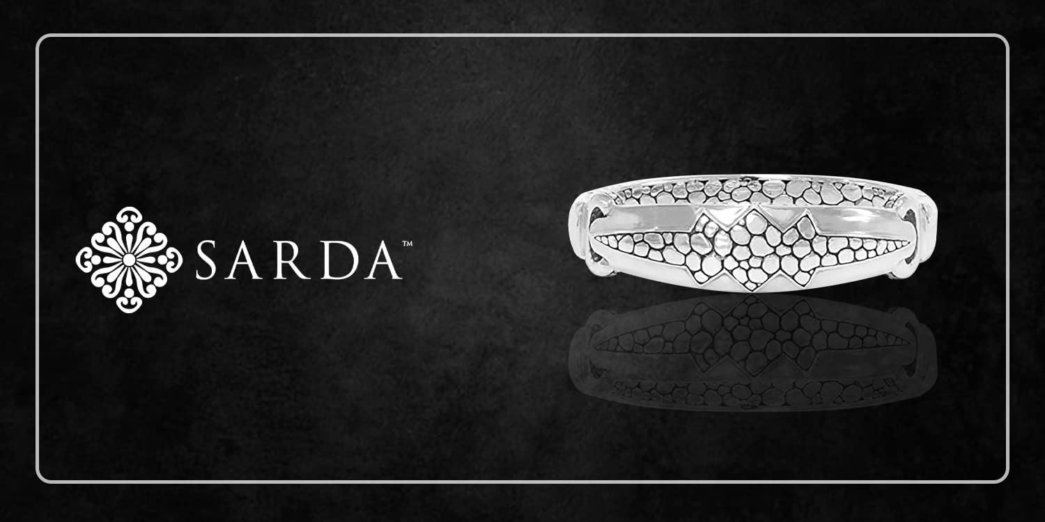 SARDA - .925 Sterling Silver Watermark Pattern & Hammered Finish Zig Zag Star Hinged Buckle Bangle Bracelet - Handmade by Bali Artisans - 6-3/4"
