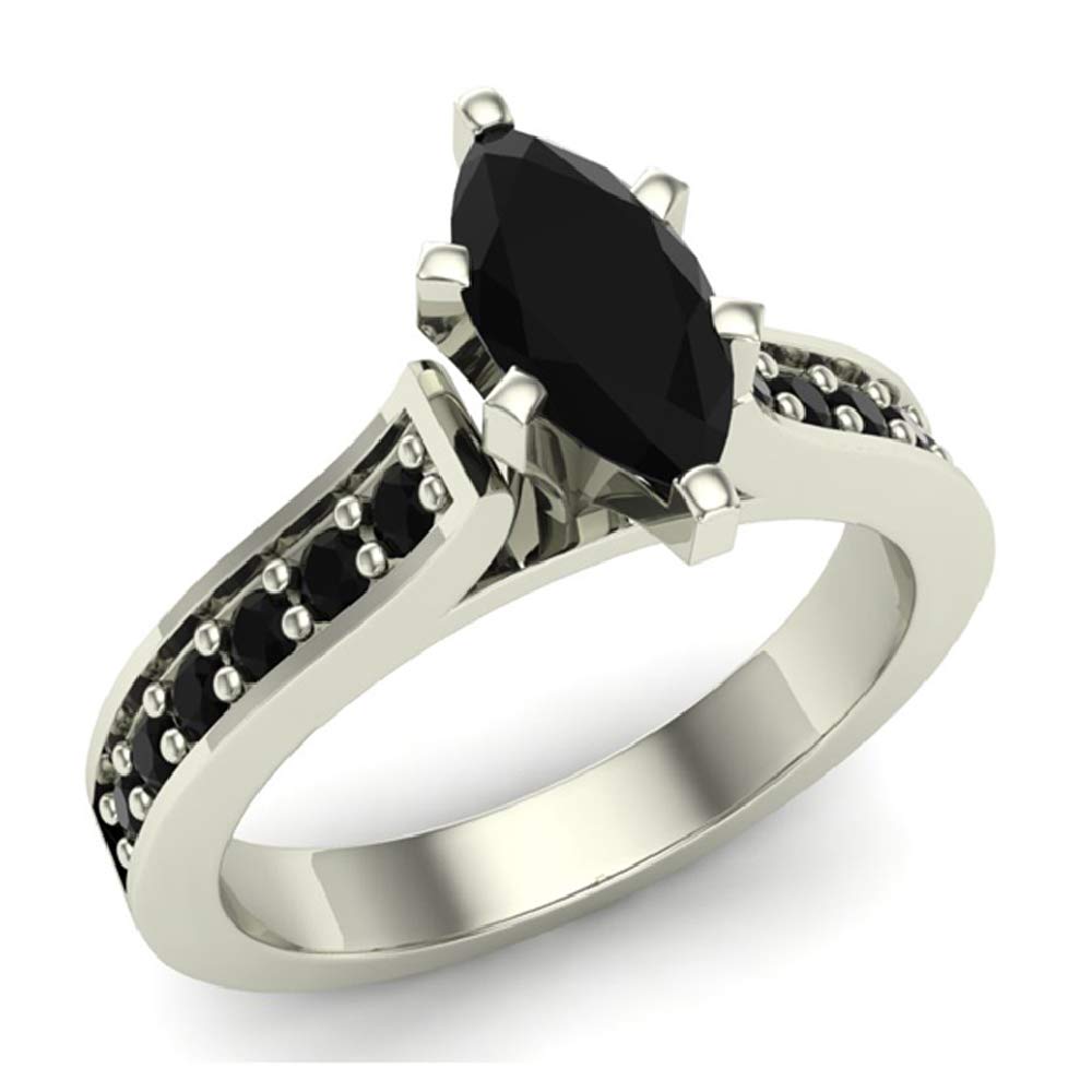 Marquise Cut Black Diamond Engagement Ring 1.00 ctw 14K White Gold on Sterling (Ring Size 7)