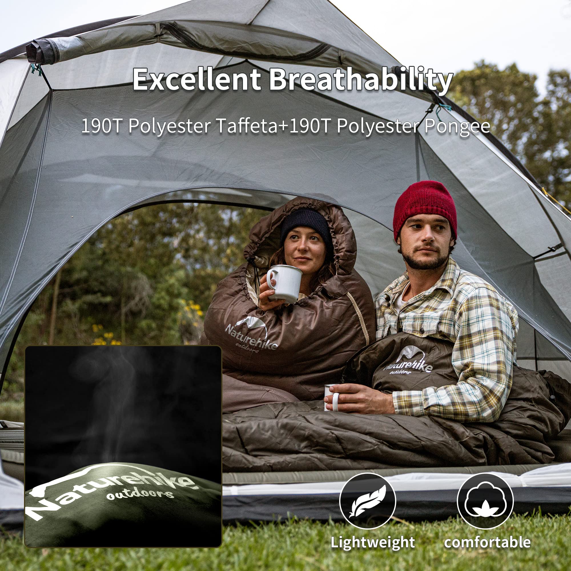 Naturehike Outdoor Camping Portable Hollow Cotton Square Sleeping Bag Winter Single Thick Cotton Sleeping Bag with Cap (Army Green, U150)