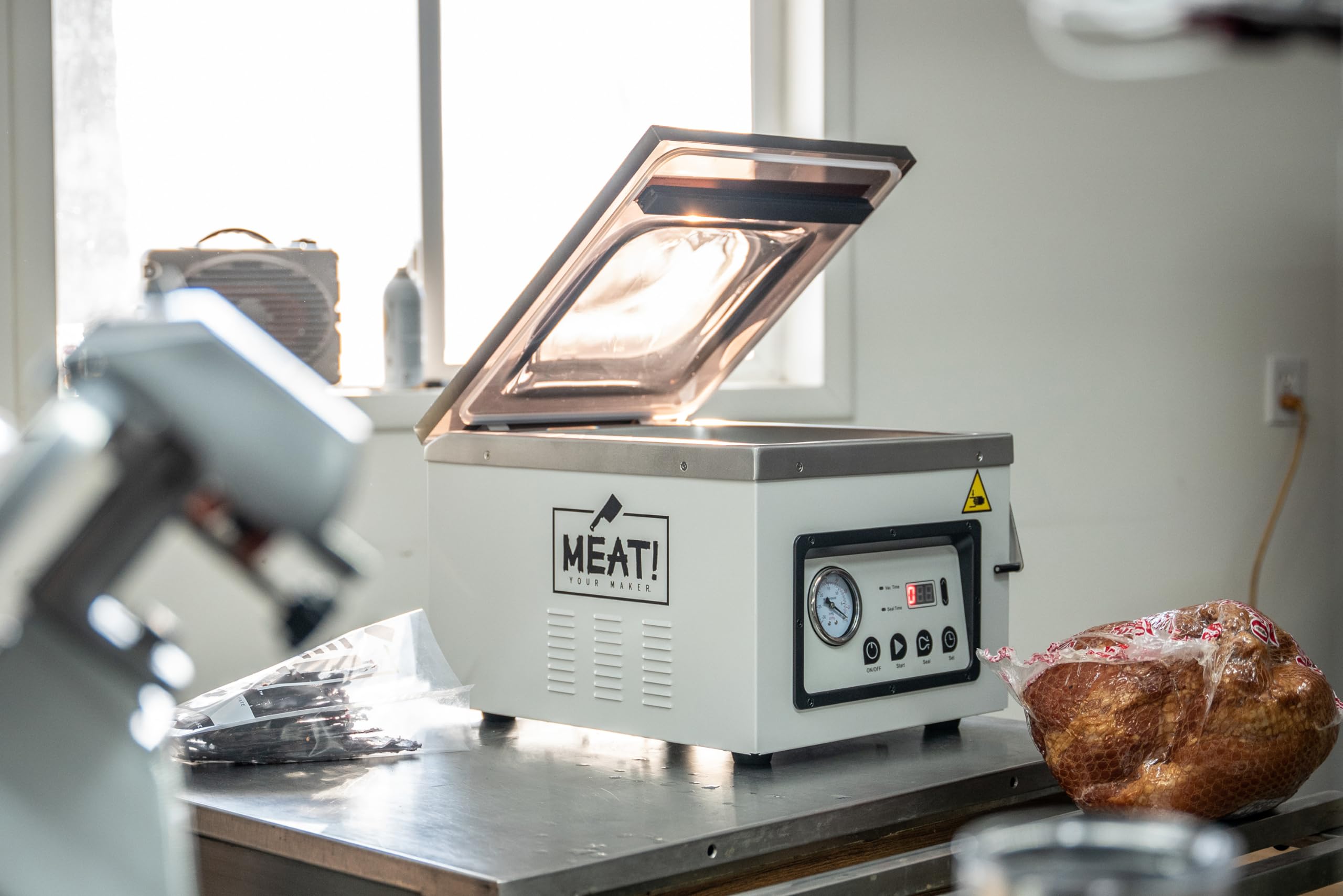 MEAT! Chamber Vacuum Sealer with 12" Sealing Bar, Adjustable Seal Time, Vacuum Gauge, and Vacuum Bag Sampler Pack for Preserving Meat and Vegetables