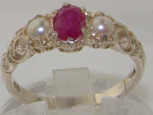 LetsBuyGold 925 Sterling Silver Real Genuine Ruby and Cultured Pearl Womens Promise Ring - Size 9