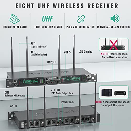 Phenyx Pro Wireless Microphone System, 8-Channel UHF Cordless Mic with Metal Handheld Wireless Mics, Fixed Frequency Dynamic Microphone for Karaoke,Church,Singing,DJ,260ft Range (PTU-4000-8H)