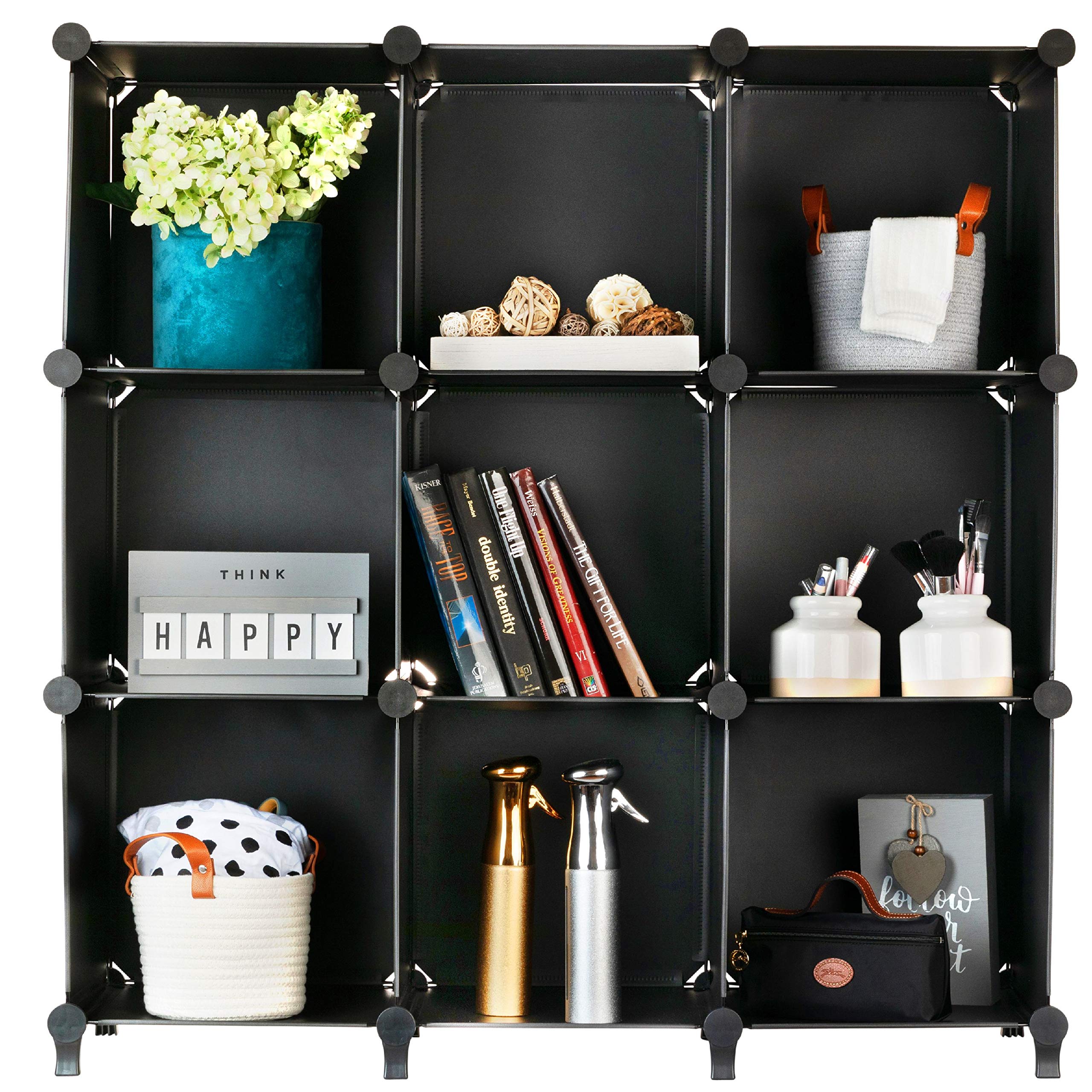 Nicunom Cube Storage Organizer, 9-Cube Bookshelf Stackable Storage Shelves DIY Plastic Closet Cabinet Organizer Shelves Multifunctional Modular Storage for Bedroom Living Room, Black