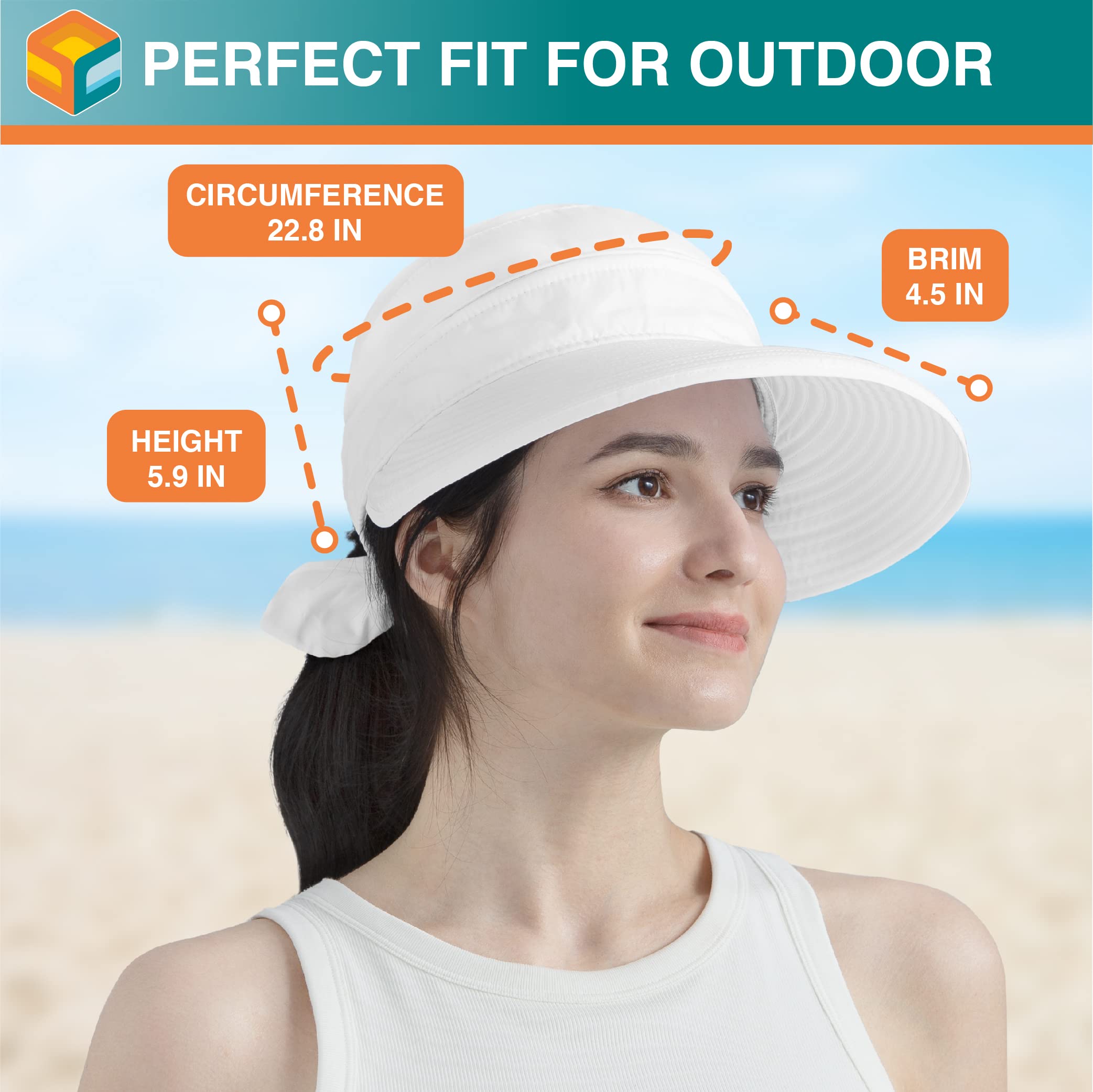 SUN CUBE Women Sun Hat for Outdoor UV Protection, Wide Brim Sun Hat Ponytail, Convertible Zip-Off Beach Hat Visor for Golf Gardening Pool Travel, Foldable Summer UPF50+ Visor Hat, White