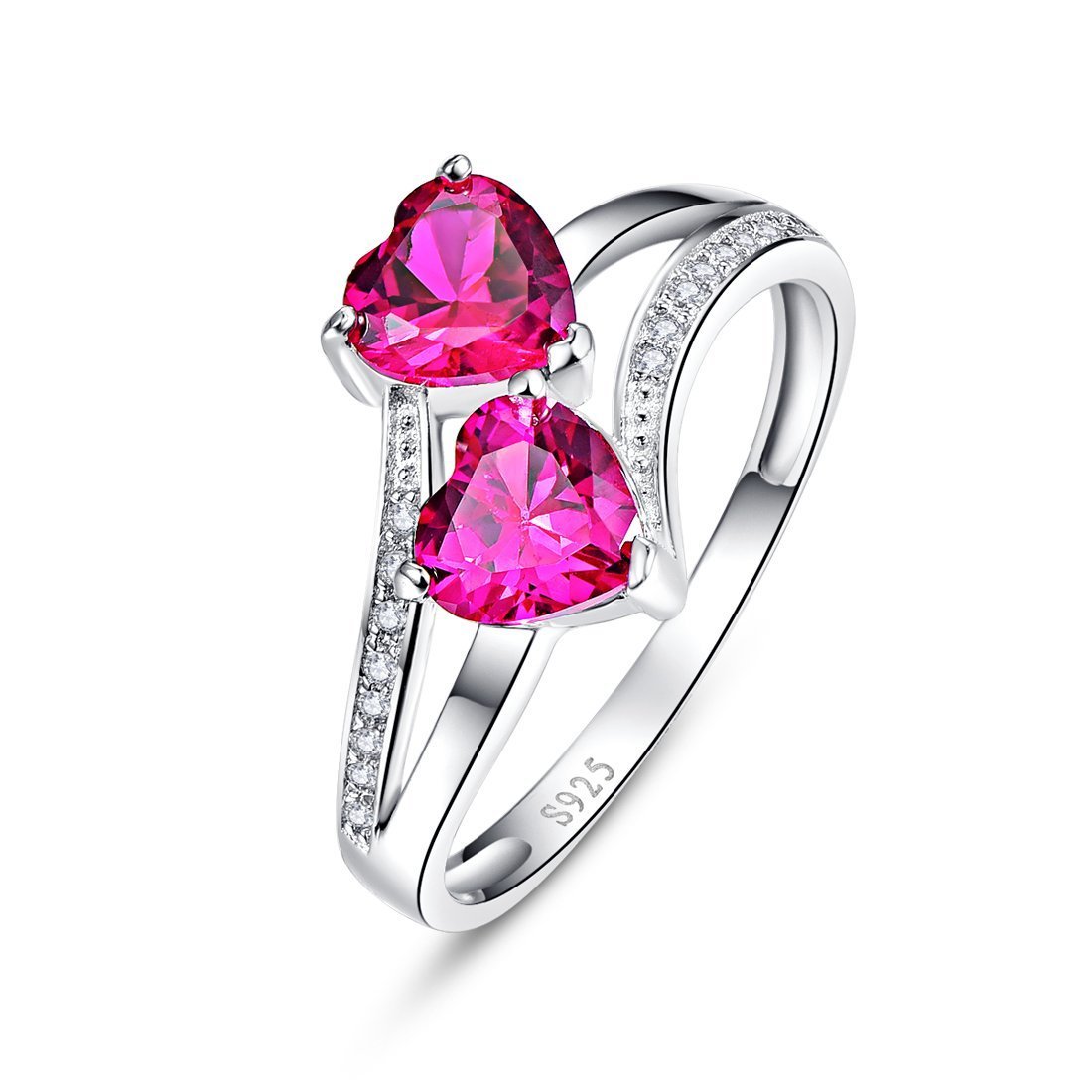 Merthus 6x6mm Heart Shape Simulated Ruby 925 Sterling Silver Double Heart Promise Ring for Women Size 8