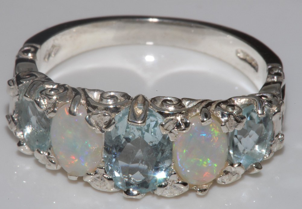 LetsBuyGold 925 Sterling Silver Real Genuine Aquamarine and Opal Womens Promise Ring - Size 9