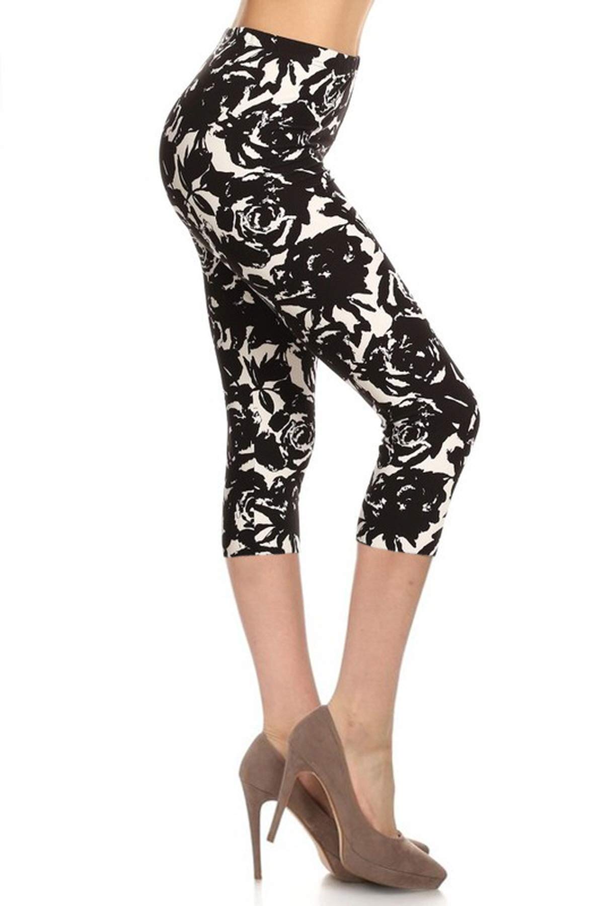 Leggings Depot High Waisted Floral & Space Print Leggings for Women-Capri-R610, Black Rose, One Size