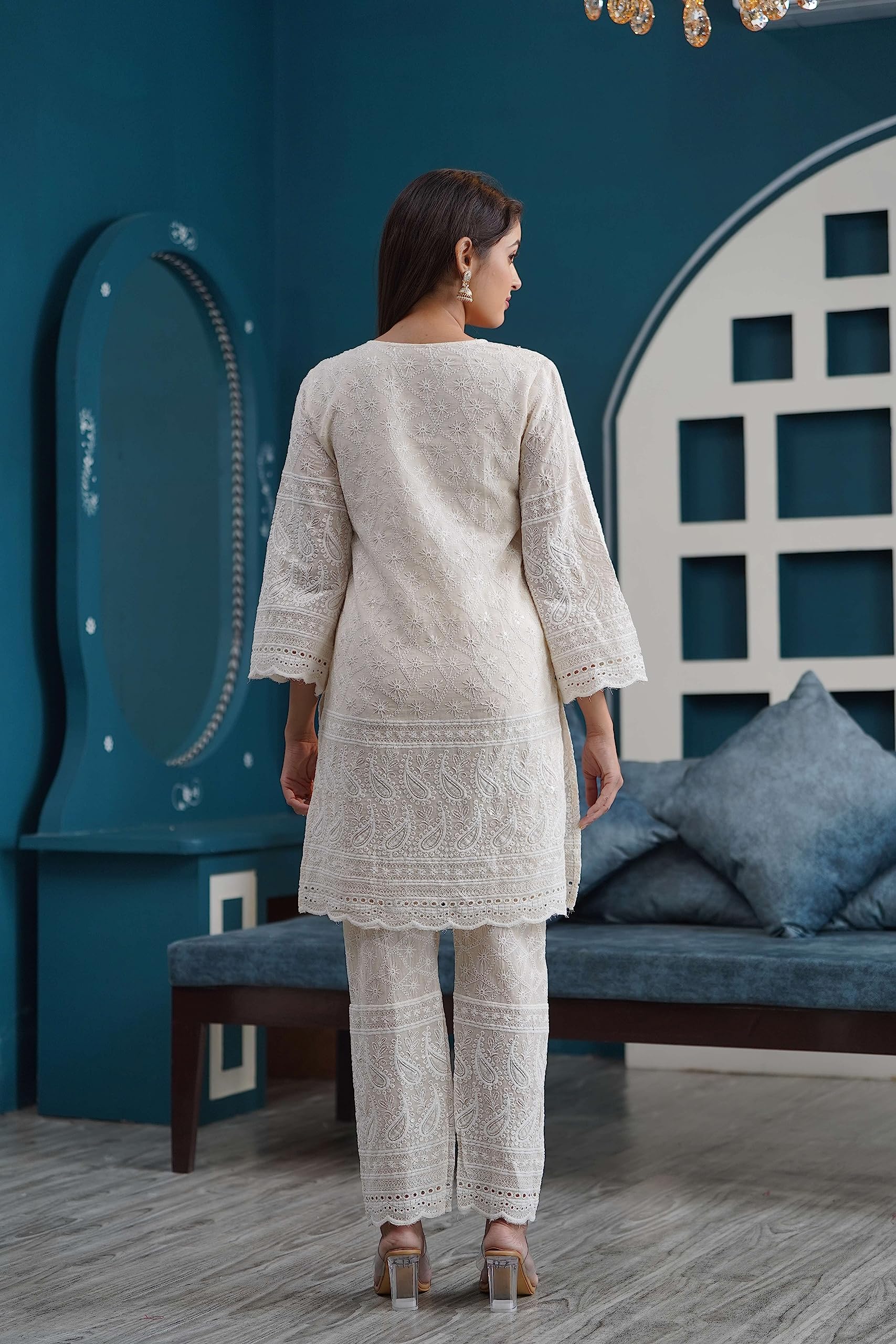 MAGHMA Chikankari Kurtis for Women Pakistani Salwar Kameez Suit Set Indian Dresses Cream White Kurti Pant & White Color Dupatta Set (L)