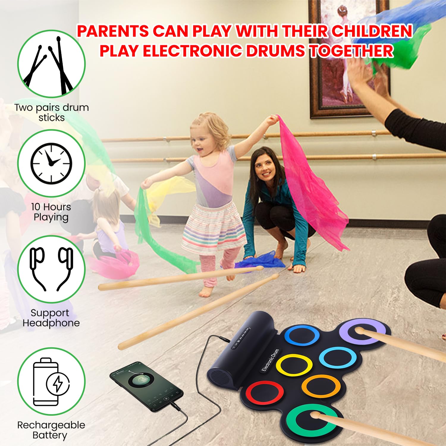 Oirtmiu Electric Drum Set – Rainbow Electronic Drum Set for Kids with Drum Sticks, Pedal, Headphone Jack – MIDI Roll Up Practice Drum Pad for Children and Adults – USB Rechargeable Kid Drum Set