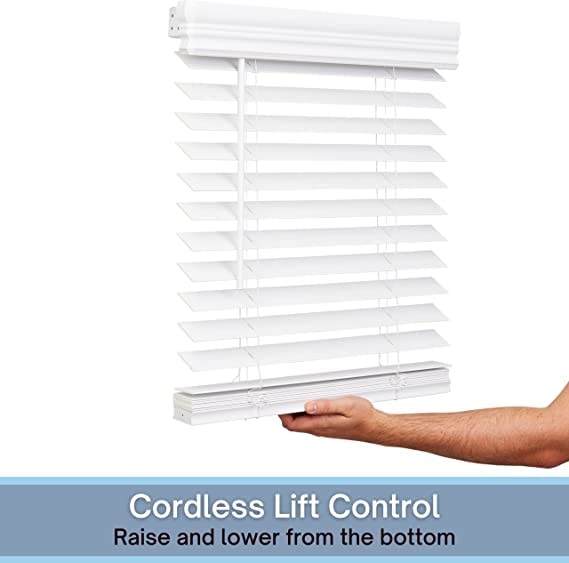 Lotus & Windoware Cordless, 2 Inch Faux Wood Blind, 11" Wide x 72" Long, Smooth, Bright White