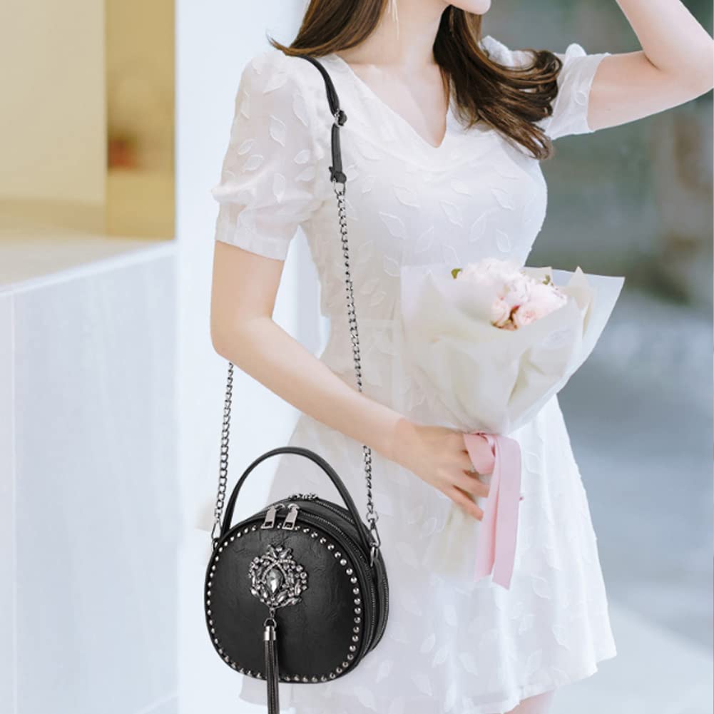 Vintage Round Crossbody Purse for Women Small Top Handle Clutch Handbag with Tassels Leather Designer Shoulder Bag Small