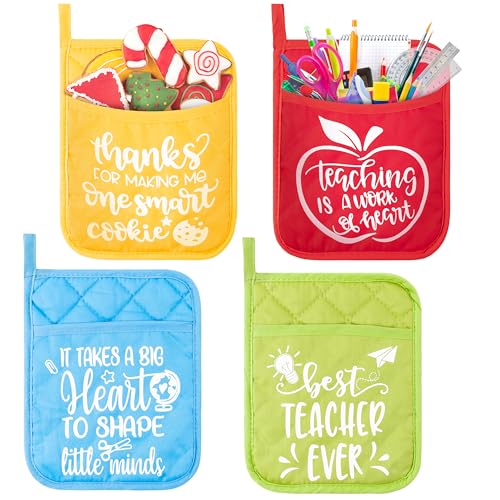 OSNIE 4Pcs Teacher Appreciation Pot Holders Heat Resistant Microwave Oven Mitt Potholders with Hand Pocket Hanging Loop Machine Washable Hot Pads Set End of The Year Teacher Gift for Cooking Baking
