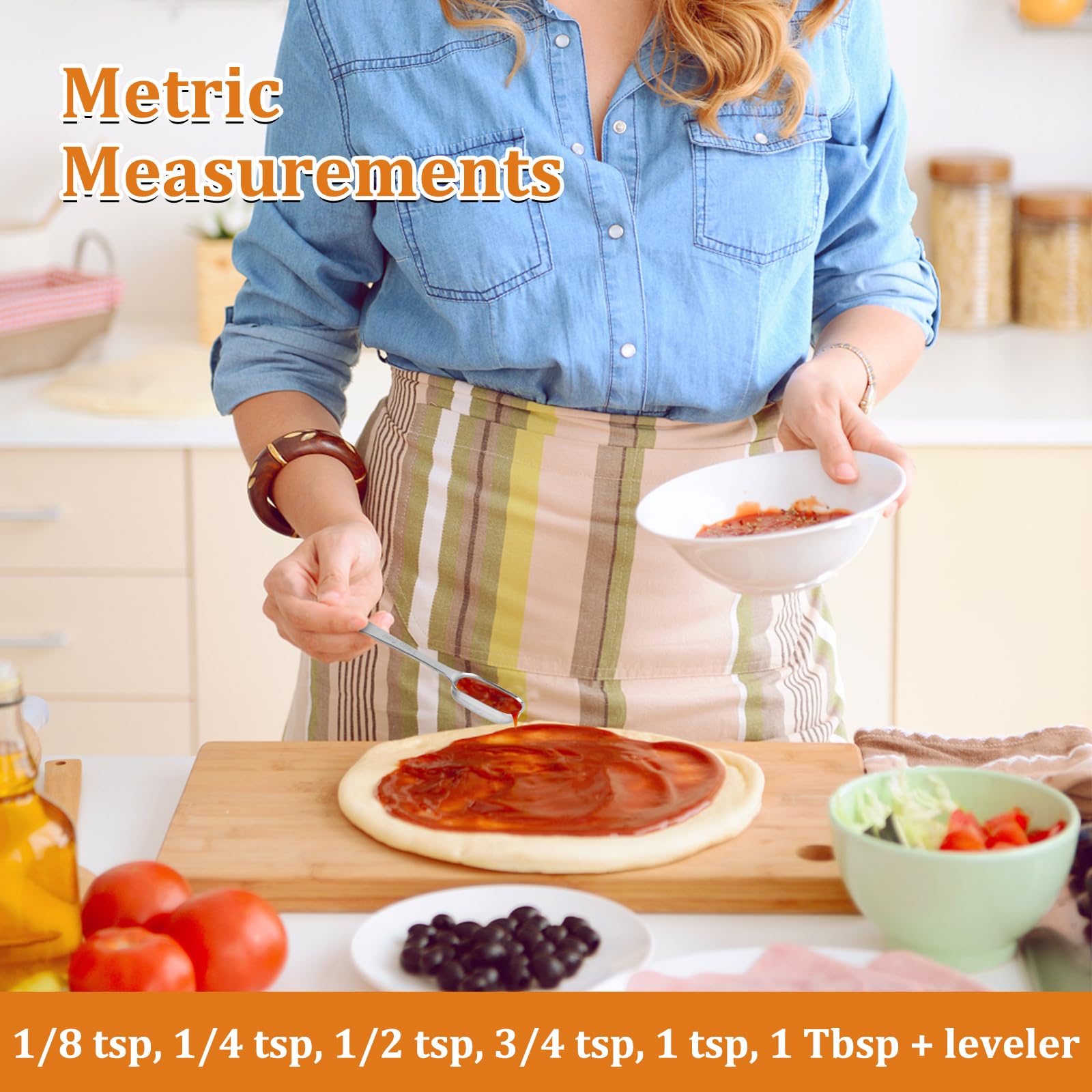 Stainless Steel Measuring Spoons, Premium Heavy Duty Metric Small Tablespoon 7-piece set:1/8 tsp, 1/4 tsp, 1/2 tsp, 3/4 tsp, 1 tsp & 1 tbsp-for Dry or Liquid, Fits in Spice Jar, Including Leveler