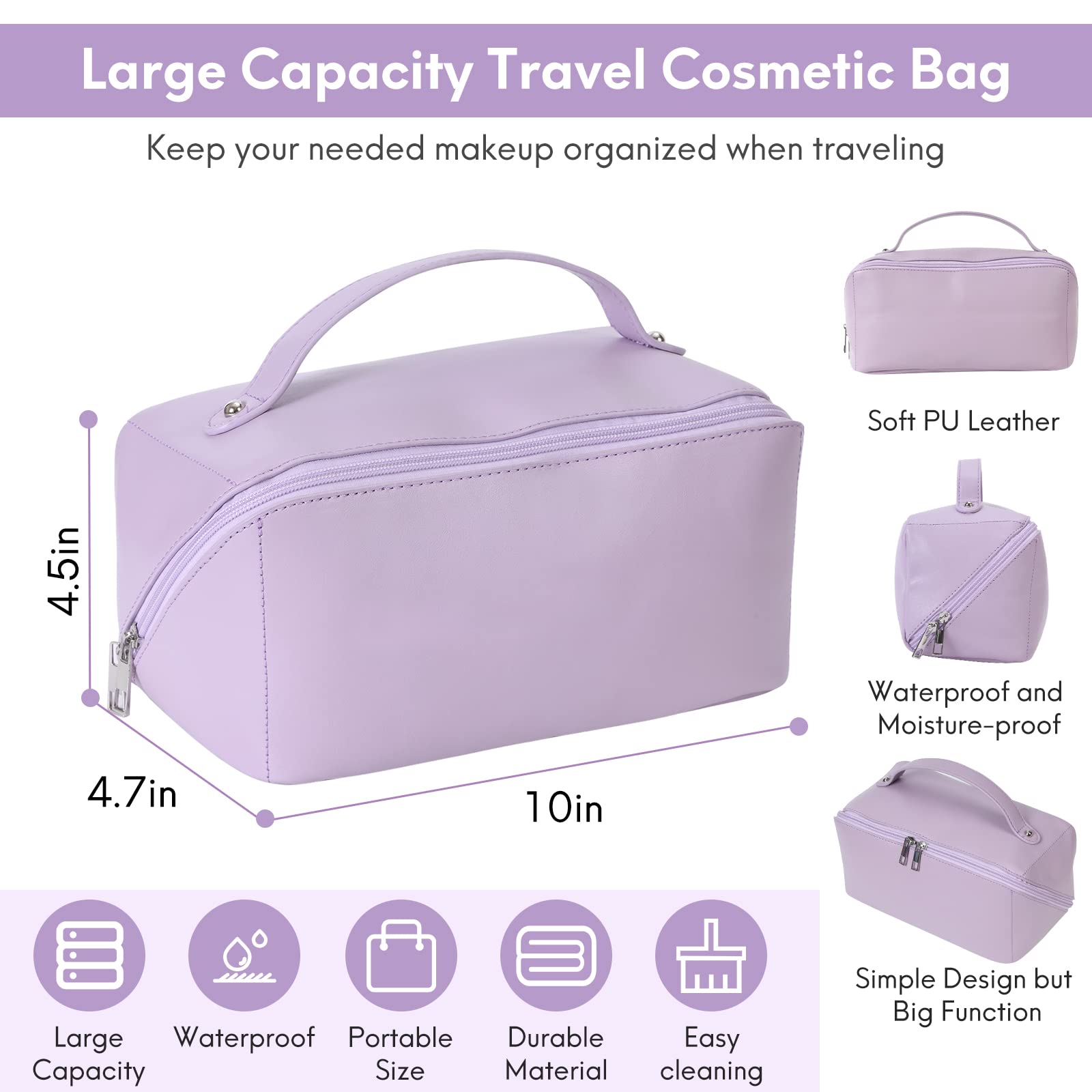 WUSHENG Makeup Bag Large Capacity Waterproof Open Flat Travel Make up Organizer Bag Portable PU Leather Everything Cosmetics Bag for Woman (Light Purple)
