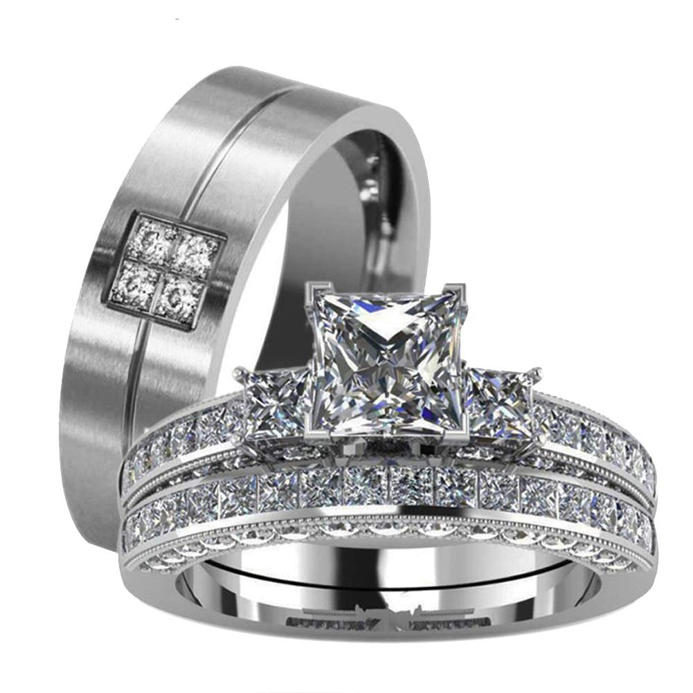 LOVERSRING Couple Ring Bridal Set His Hers White Gold Plated CZ Stainless Steel Wedding Ring Band Set