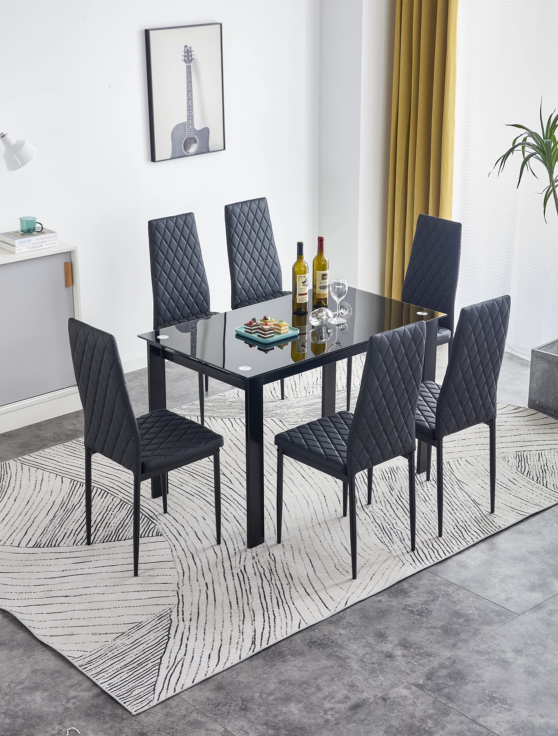 LIADTOP Set for 6, PU Leather Set of 6 Living, Modern Upholstered Side Chairs with Stable Metal Legs,for Dining Room, Kitchen, Restaurant,Black, OneSize