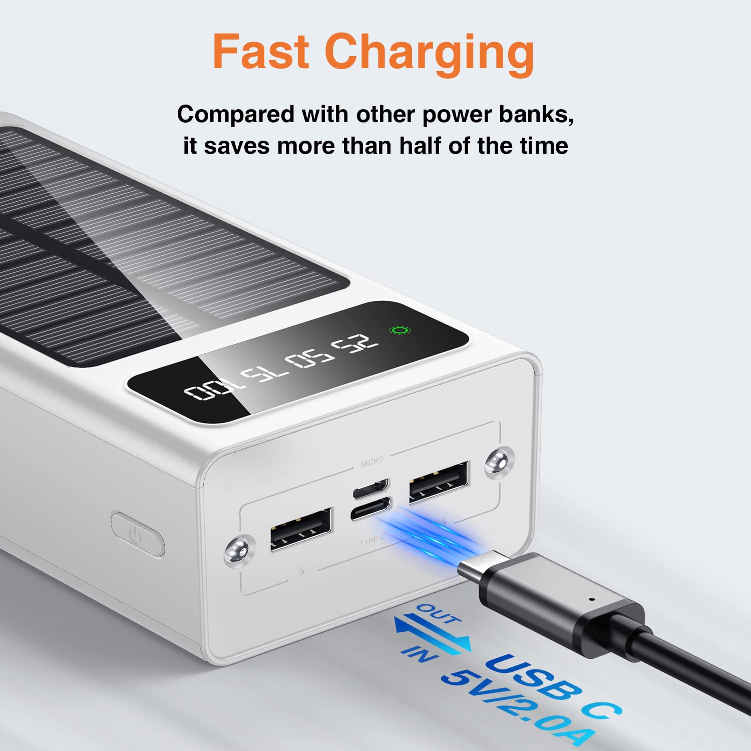 ZSS Solar Power Bank 50000mAh,Solar Portable Charger Fast Charging Built in Cable,USB C Input/Output with Smart LED Display,Dual Flashlight External Battery Power Bank for iPhone,Tablet, Samsung
