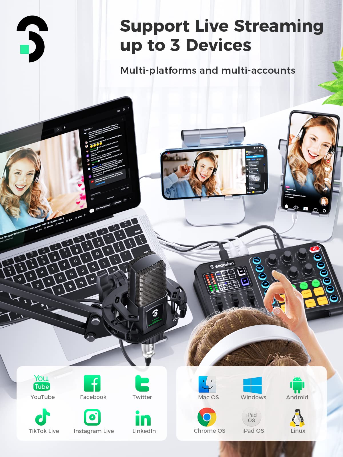 SOOMFON Podcast Equipment Bundle Condenser Microphone with Live Sound Card Mixer, Recording Studio Package Equipment for Podcasting, Live Streaming, Broadcasting and Recording