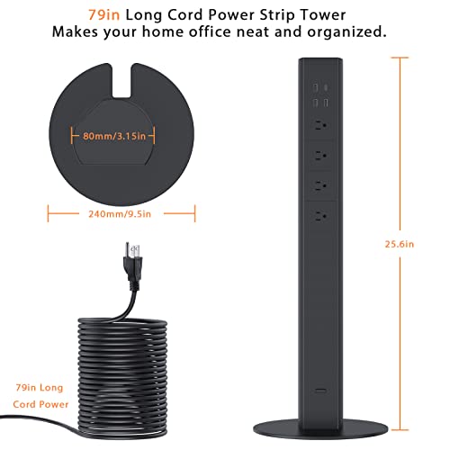 Tower Power Strip with 4 Outlets 3 USB A 1USB C Ports, 6.56ft Long Extension Cord Outlets Charging Tower, Power Strip with USB Ports Have Overload Protection Fire Proof for Libraries, cafes.