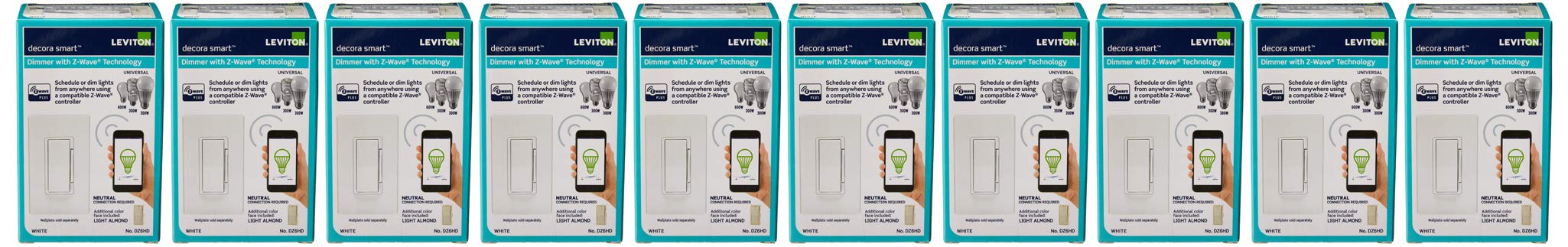 Leviton DZ6HD-1BZ Decora Smart 600W Dimmer with Z-Wave Technology, 10-Pack, White/Light Almond, Compatible with Alexa