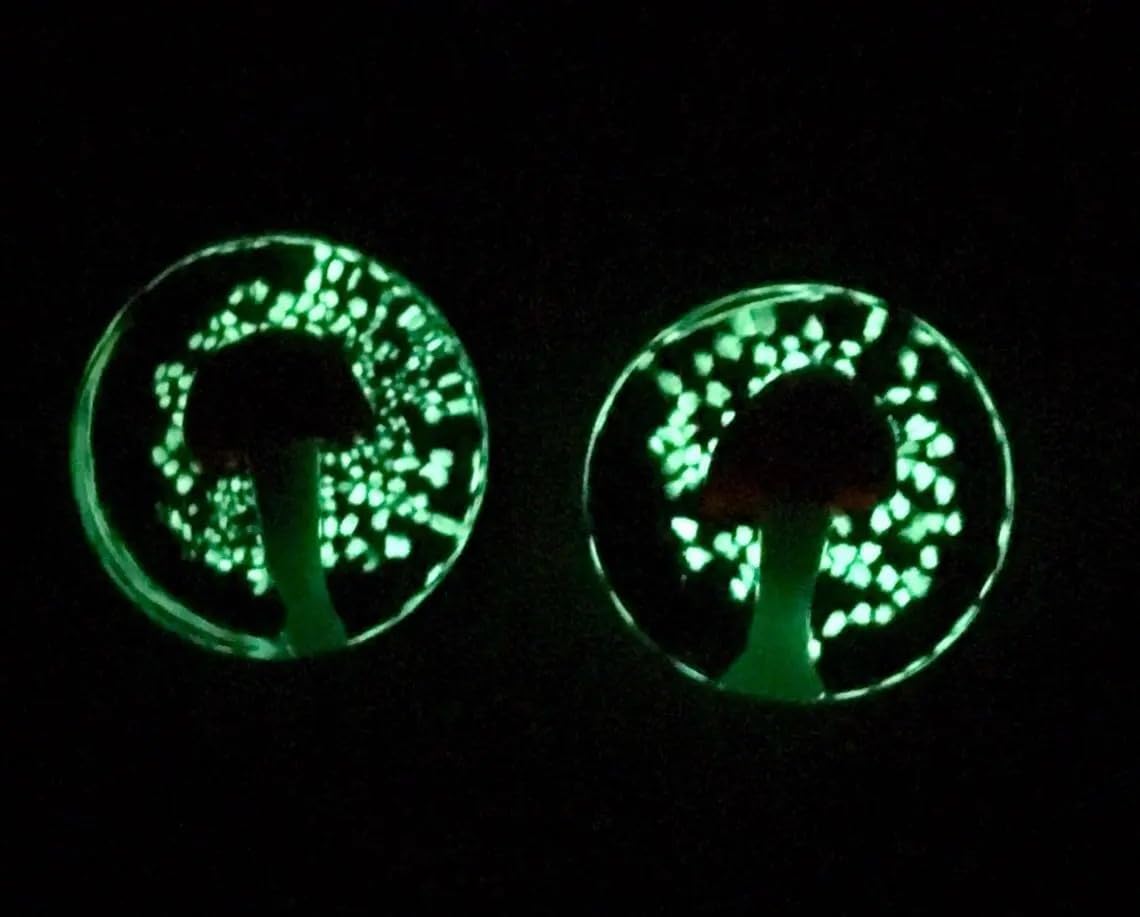 Lobal Domination PAIR of Floating Red Mushroom Pyrex Glass Double Flare Plugs with Glow in the Dark Background (8mm (0g))