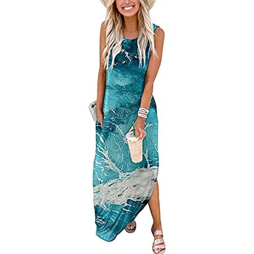 Winter Women Maxi Dress Summer Spring O Neck Dresses Sleeveless Split Long Boho Pocket Beach Tank Winter Mid Length Blue