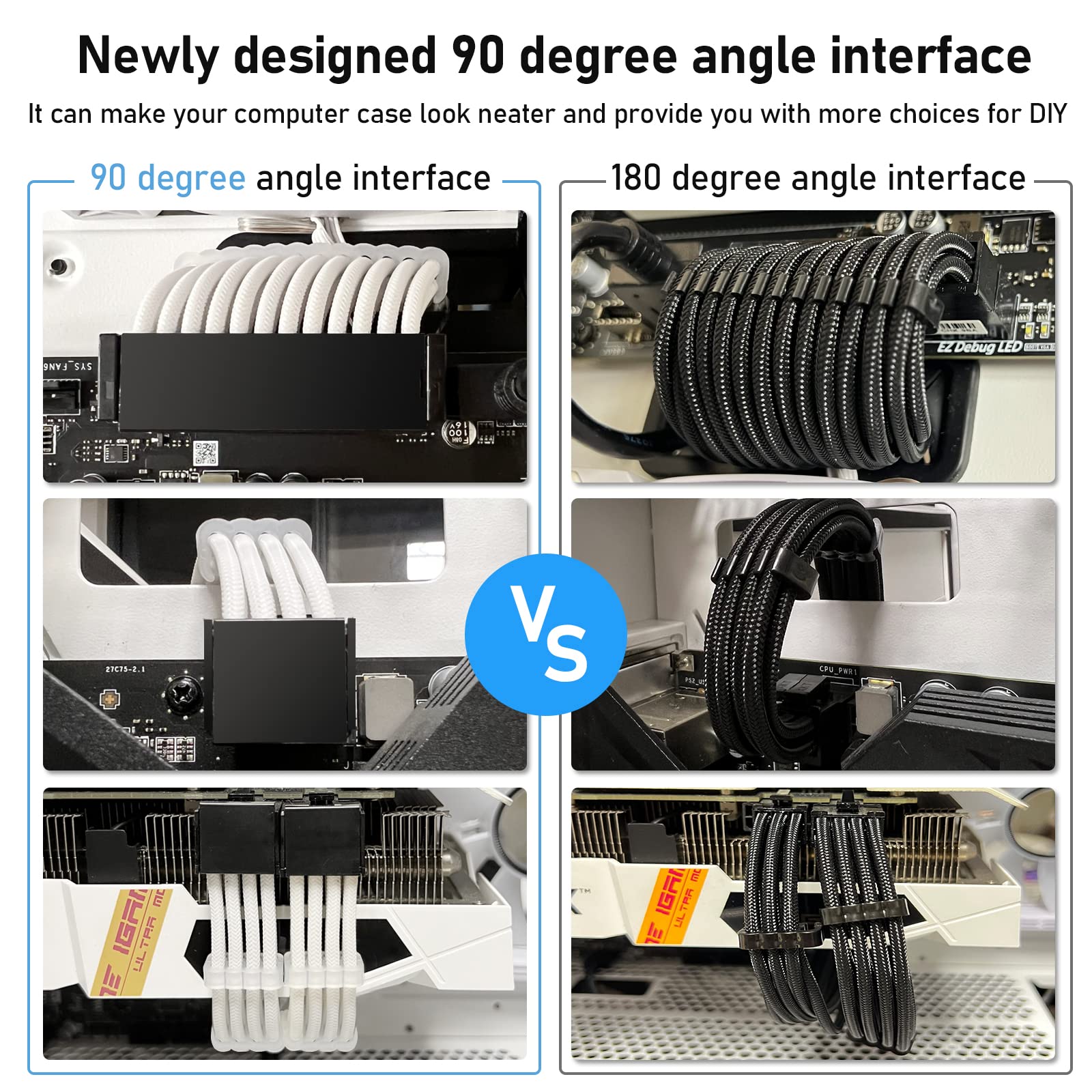 SYBECHATF Power Supply PSU Sleeved Extension Cable Kit with 90 Degree Right Angle Connector Adapter,ATX/EPS/8 Pin PCIE for PC PSU Cable Black with Combs 6 Pack 30CM