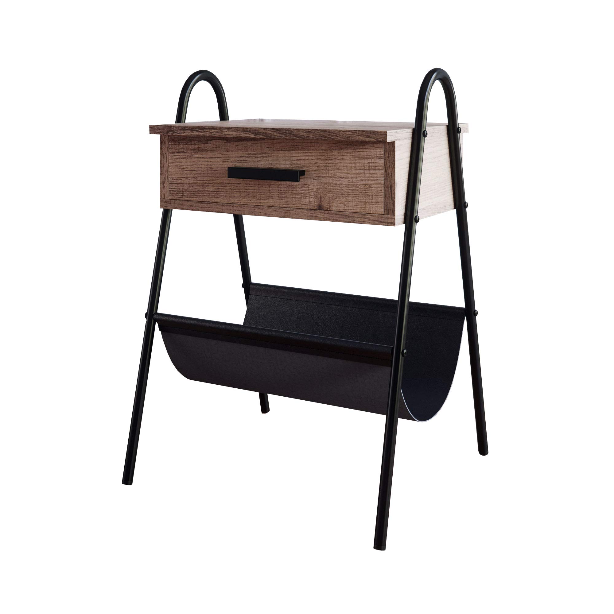 Nathan James Hugo Wood Nightstand, Rustic Accent End or Side Table with Drawer, Durable Black Metal Frame & Leather Hammock, Brown
