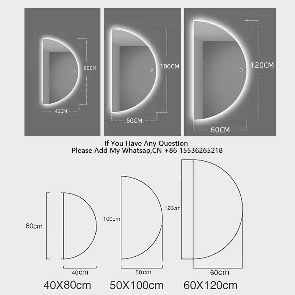 NURCIX Half Moon LED Mirror with 3 Colors Dimming Light Anti-Fog Bathroom Mirror for Wall Tempered Glass Decorative Mirror for Bedroom Vanity (Color : Left Cut, Size : 80 * 40CM/32 * 16IN)