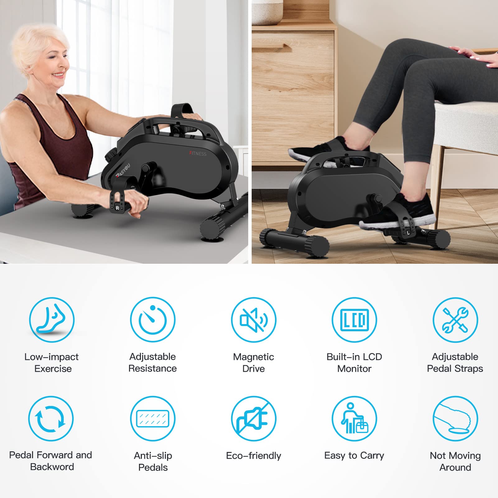 PASYOU Under Desk Bike Pedal Exerciser - Magnetic Mini Exercise Bike for Arm/ Leg Exercise & Physical Therapy, Peddler Exerciser for Home/Ofiice Workout【2022 New Version】
