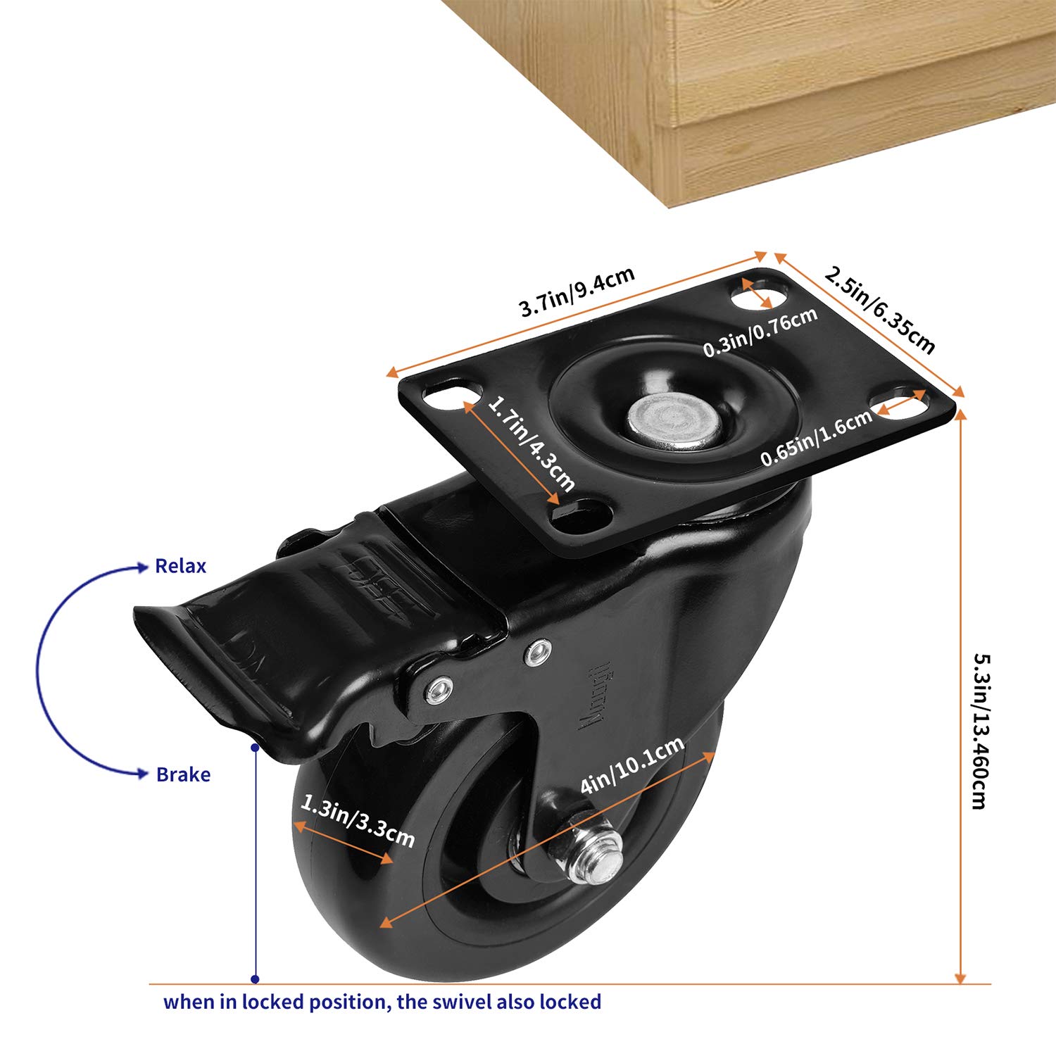 Moogiitools 4" Swivel Rubber Caster Wheels with Safety Dual Locking Heavy Duty 1800lbs Casters Set of 4 Black (All with Brake)