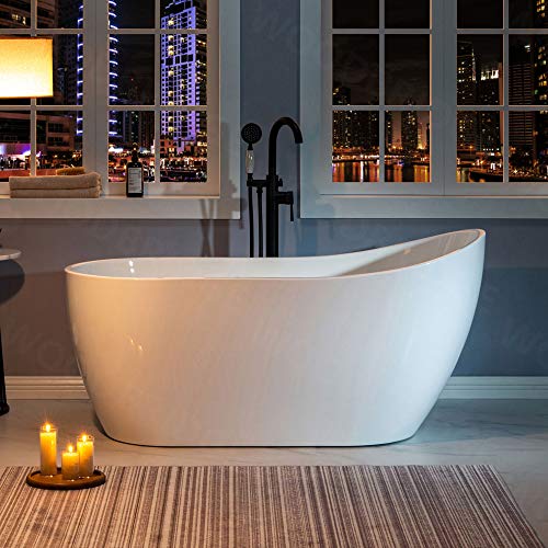 WOODBRIDGE 59" Acrylic Freestanding Bathtub Contemporary Soaking White Tub with Matte Black Overflow and Drain,B1530 -MB-Drain &O