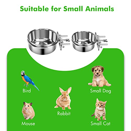 Yummy Sam 2 Pcs Small Dog Food Water Bowl for Cage with Upgraded Clamp Holder, Pet Kennel Hanging Bowls Stainless Steel Detectable Bowls Crate Feeder Dish for Small Dogs (4.7x2'' & 3.9x2'')