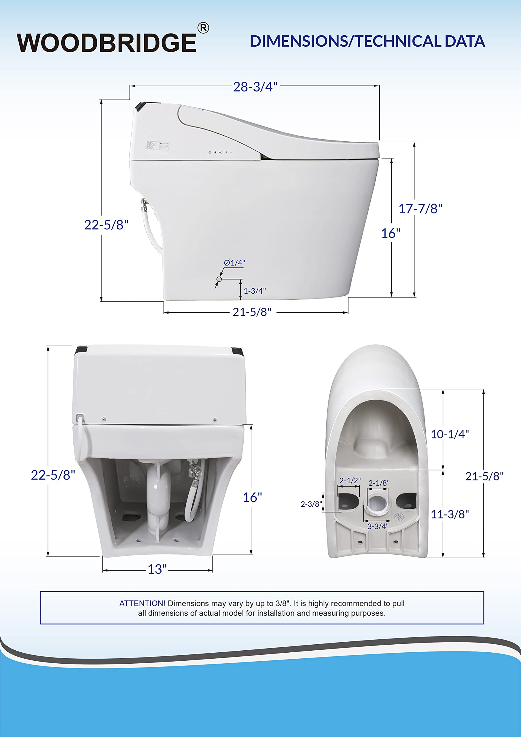 WOODBRIDGE B0960S Auto Flush, Auto Open & Auto Close, 1.28 GPF Single Flush Toilet with Intelligent Smart Bidet Seat and Wireless Remote Control, Chair Height