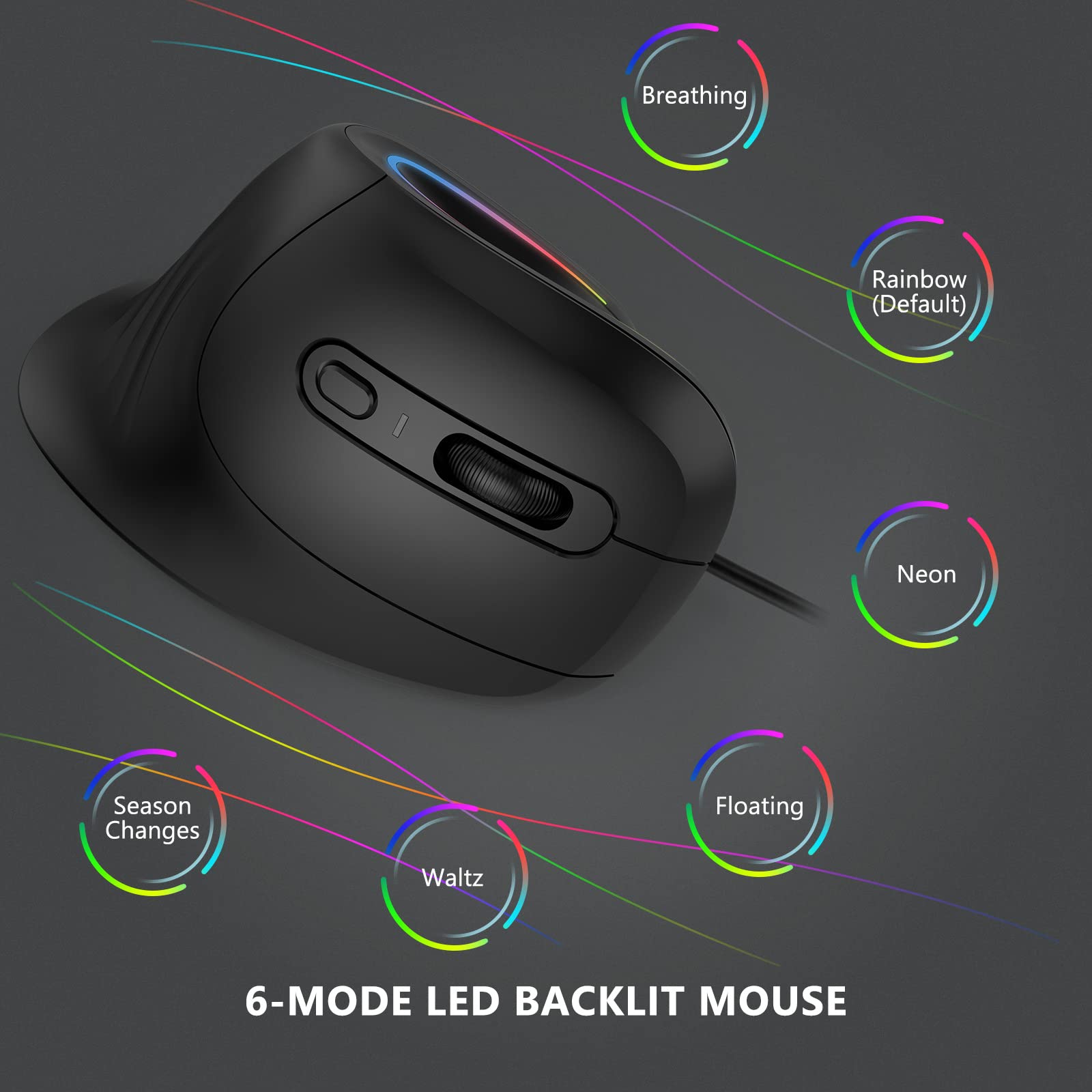 Wired Ergonomic Mouse with LED Backlight, 6-Mode RGB Backlit Upright Vertical Mice with USB Cable 1600 DPI for PC Laptop Computer Desktop for RSI and Mouse Arm Tennis Elbow, Black